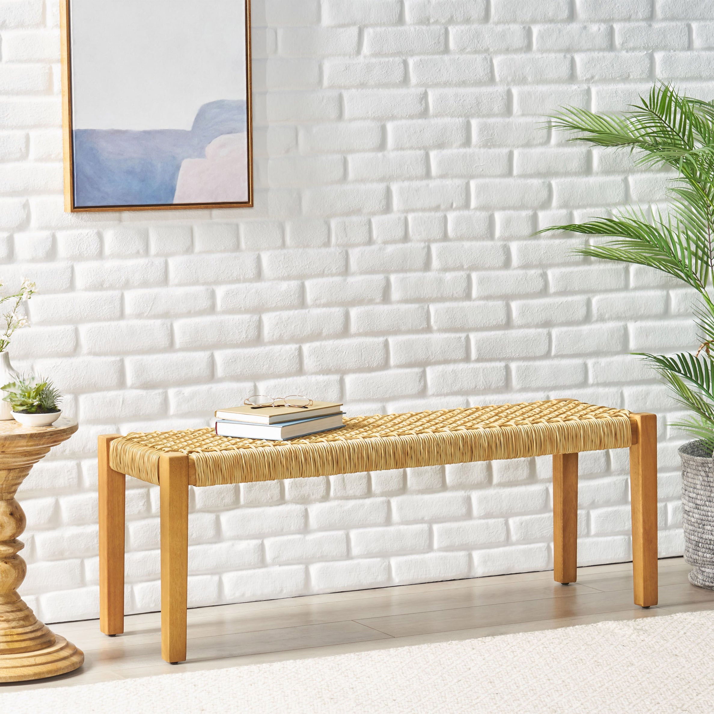 Outdoor Bench with Faux Rattan Seat and Wood Frame - Pier 1
