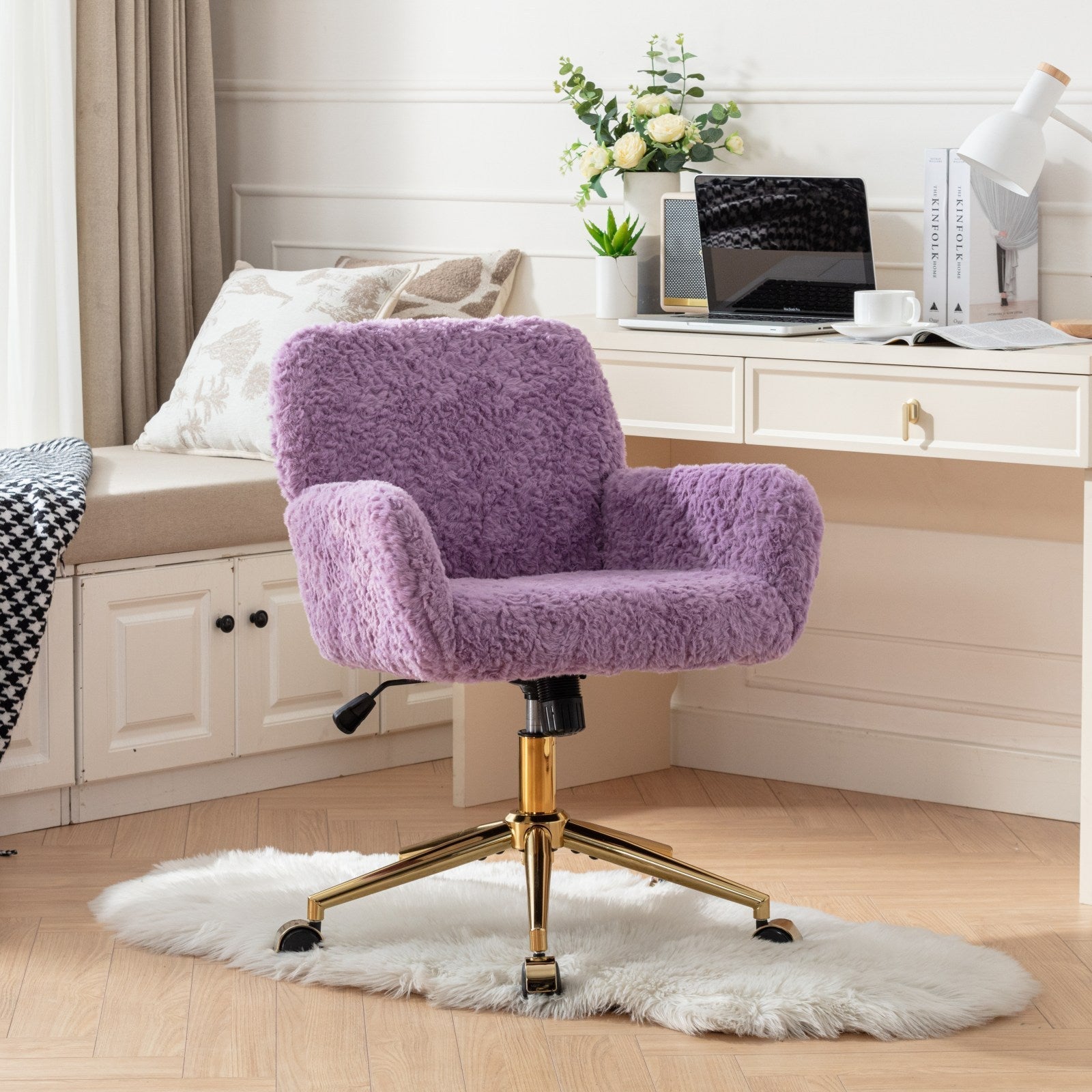 Faux Rabbit Hair Office Chair with Golden Metal Base, Adjustable Swive ...