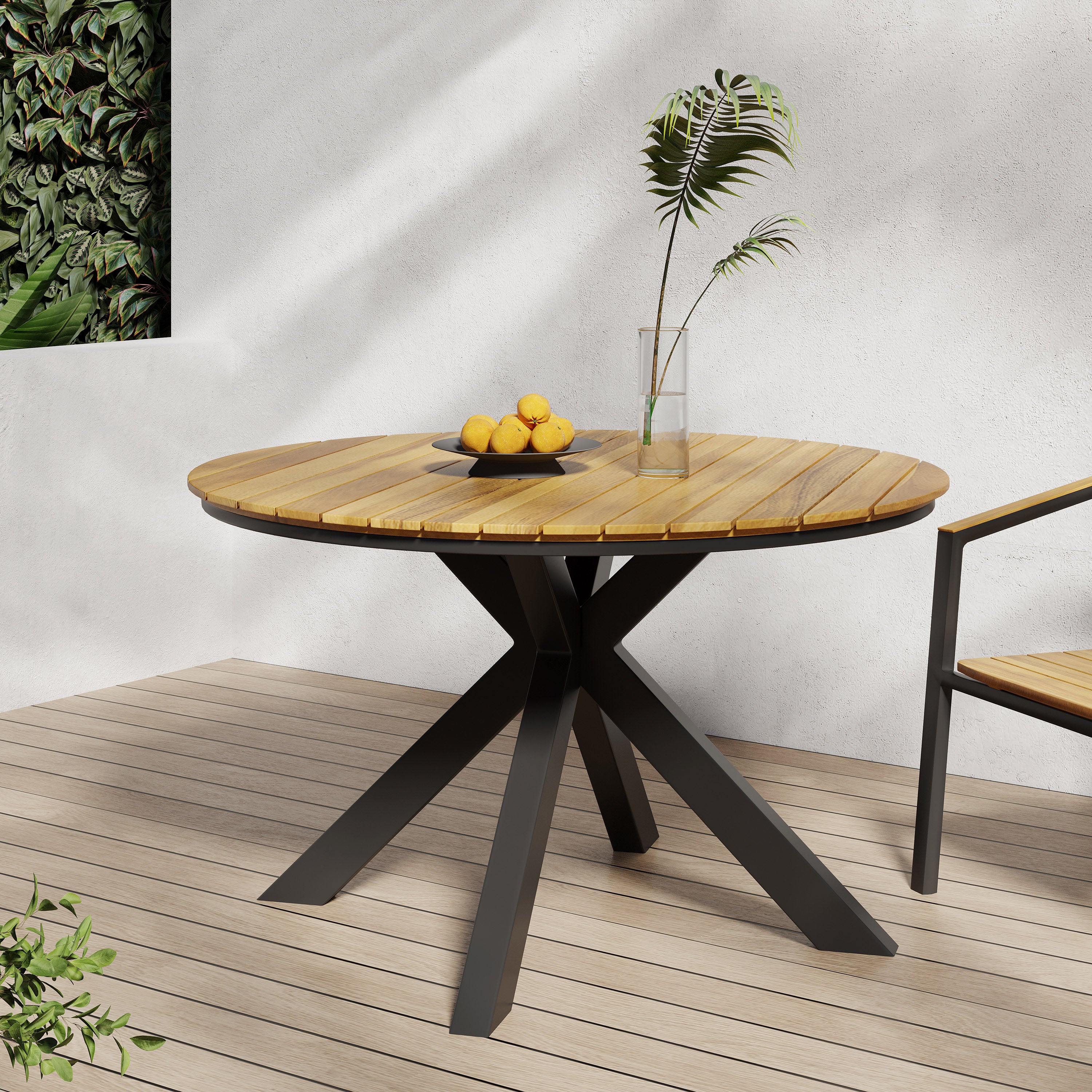 Outdoor Dining Table, Teak Acacia Wood Tabletop and Black Metal Leg ...