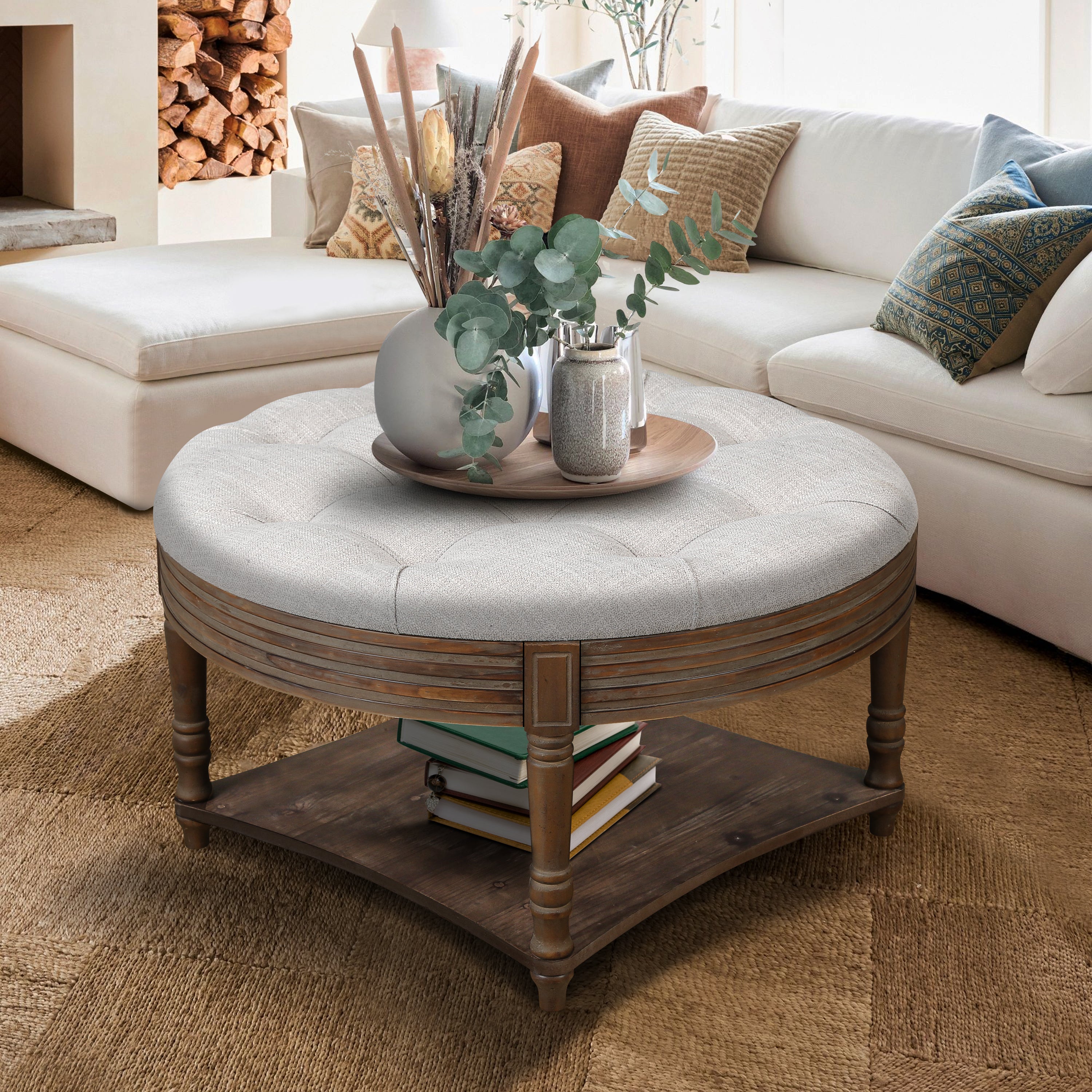 Captains Large Round Upholstered Ottoman with Bottom Shelf - Pier 1