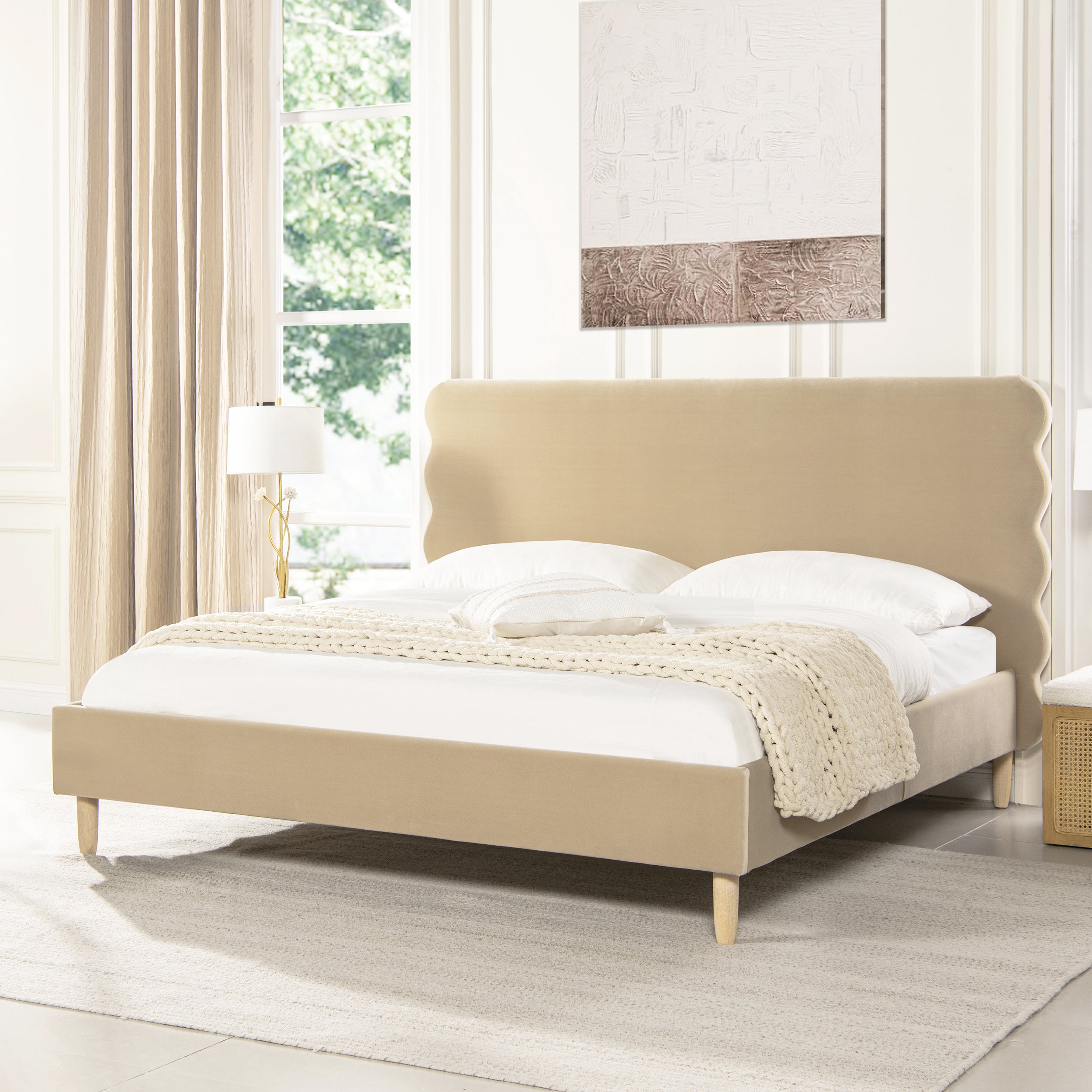 Essencee Upholstered Platform Bed with Wavy Headboard and Wood Legs ...