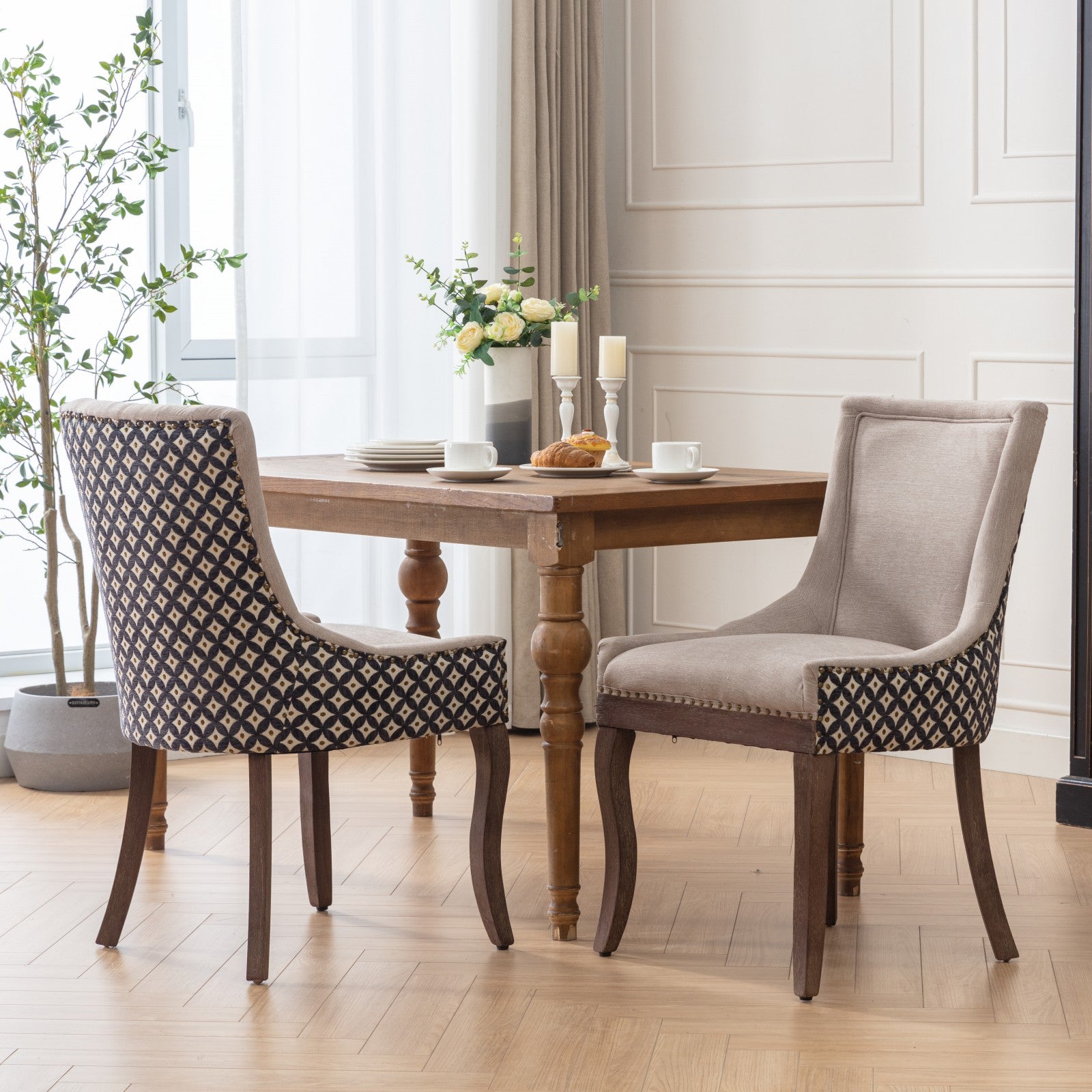 Square Patterned Back Upholstered Dining Chair with Bronze Nailhead Tr ...