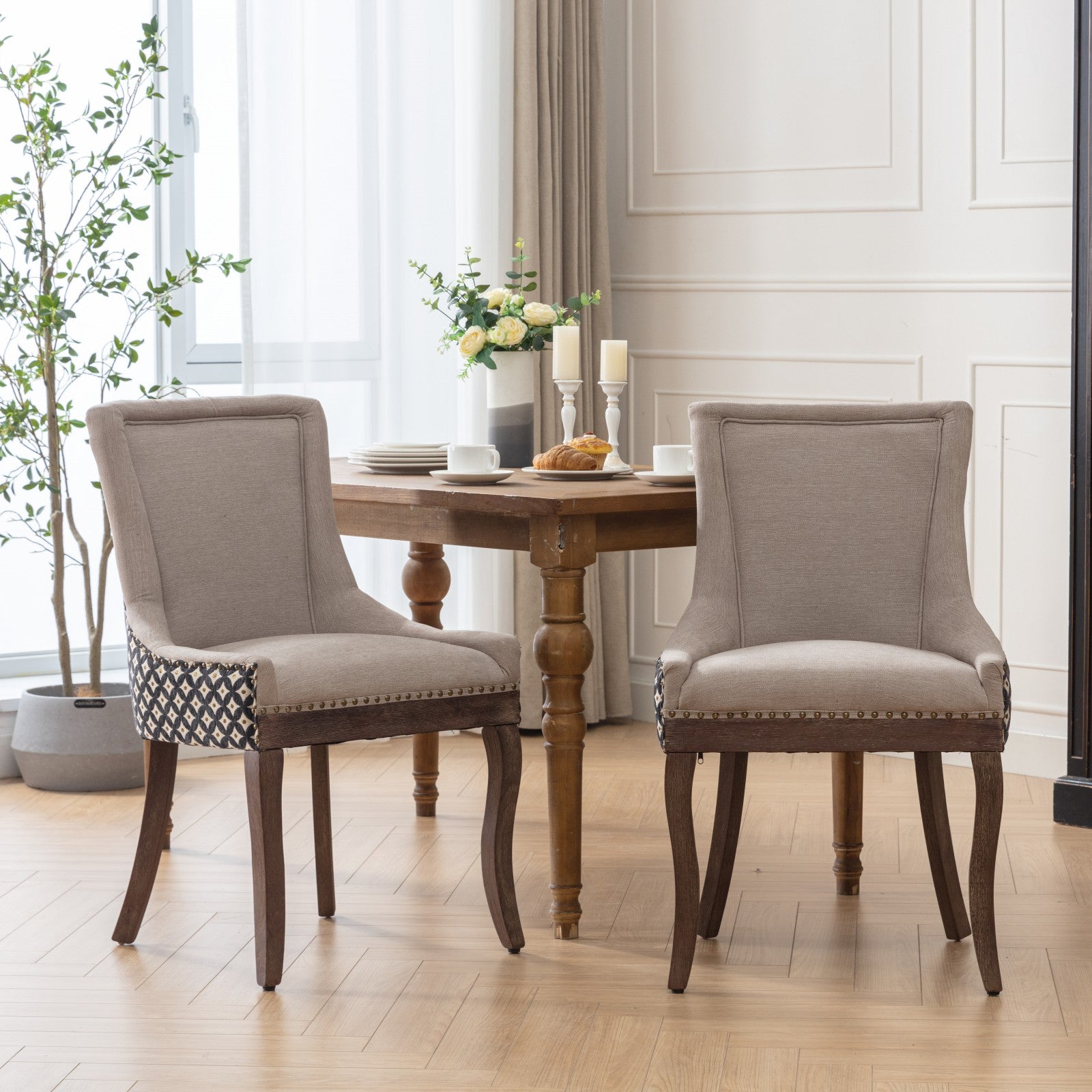 Square Patterned Back Upholstered Dining Chair with Bronze Nailhead Tr ...