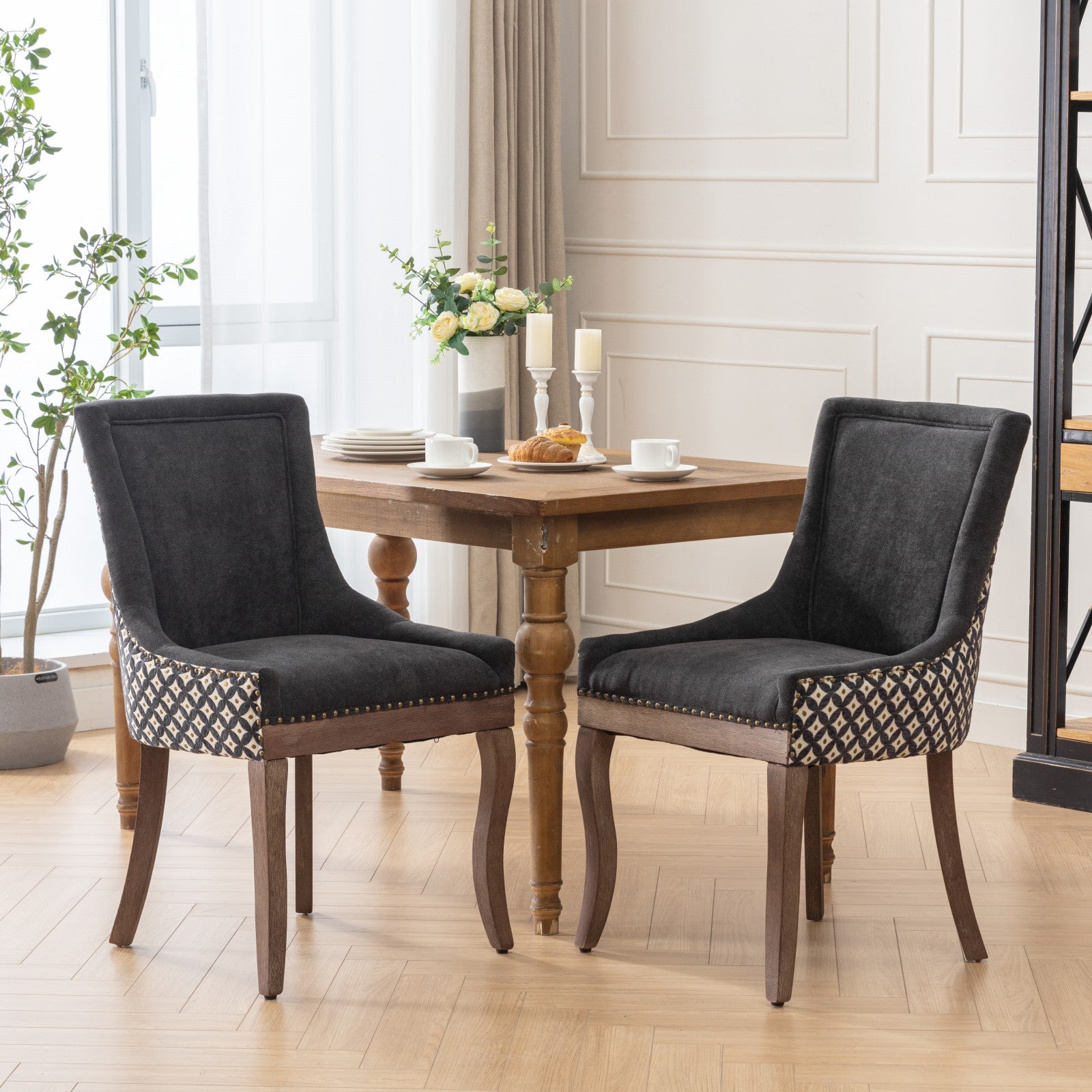 Square Patterned Back Upholstered Dining Chair with Bronze Nailhead Tr ...