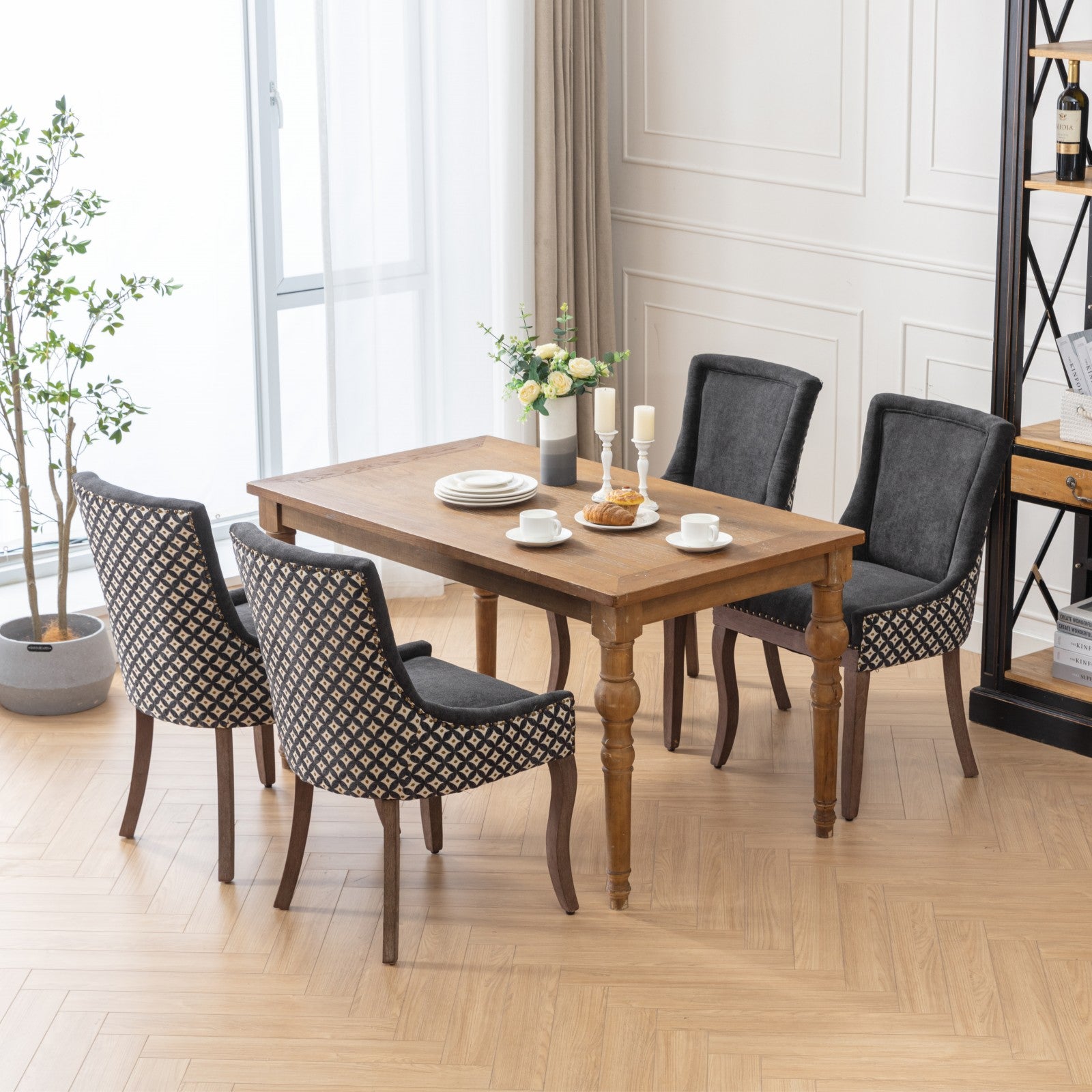 Square Patterned Back Upholstered Dining Chair with Bronze Nailhead Tr ...