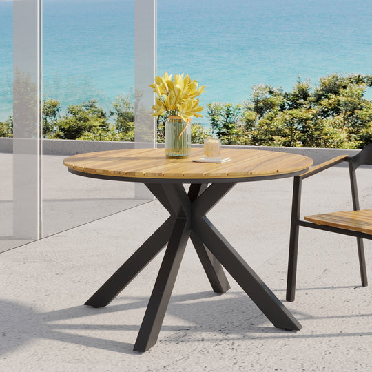 Outdoor Dining Table, Teak Acacia Wood Tabletop and Black Metal Leg ...