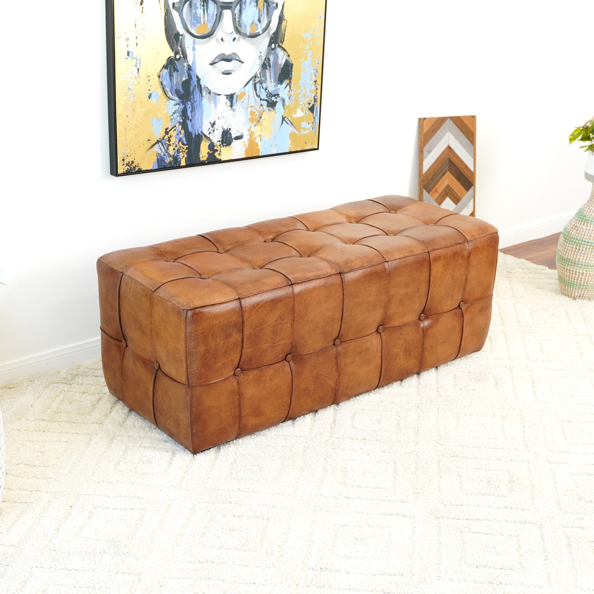 Benjiro Mid-Century Modern Tan Leather Tufted Ottoman - Pier 1