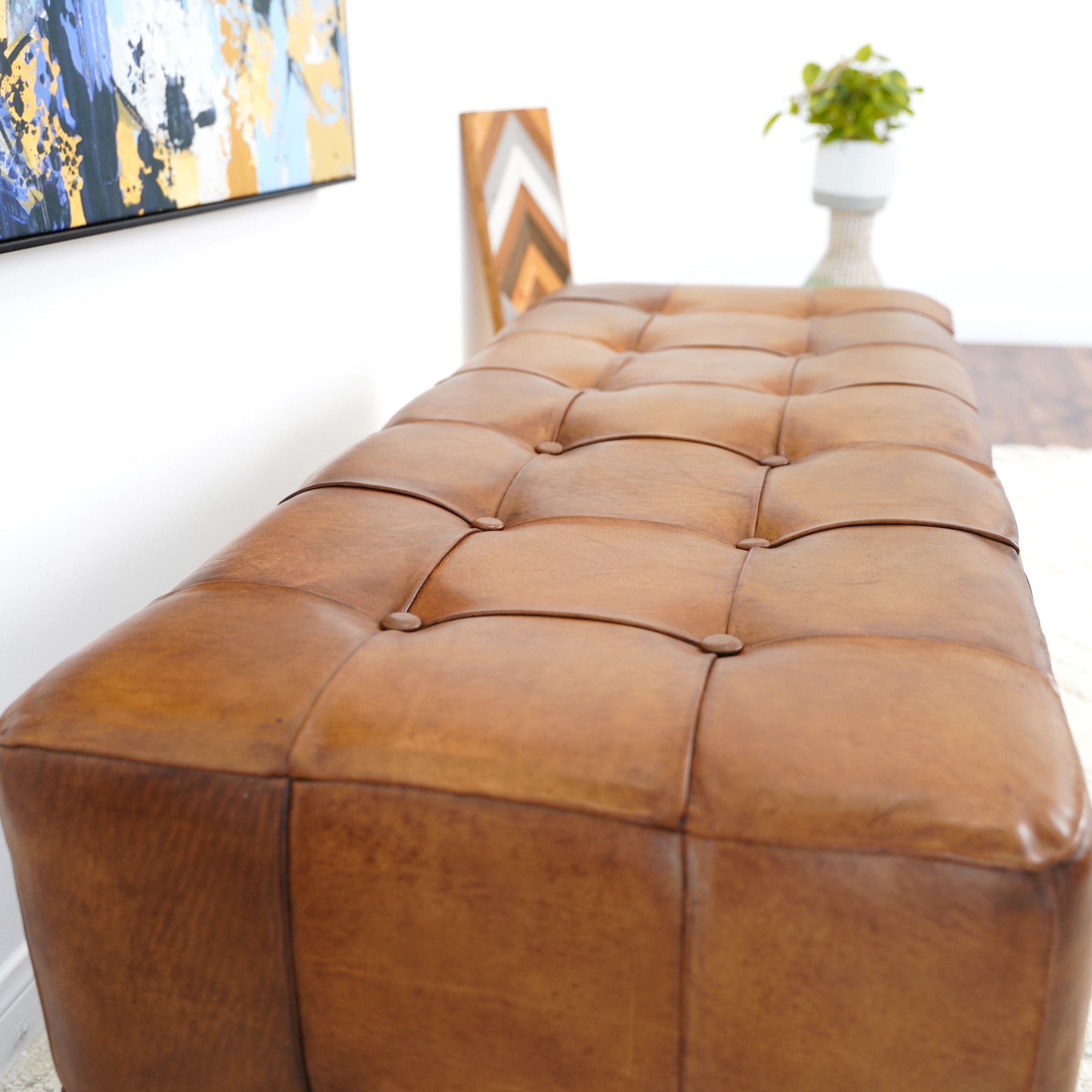 Benjiro Mid-Century Modern Tan Leather Tufted Ottoman - Pier 1
