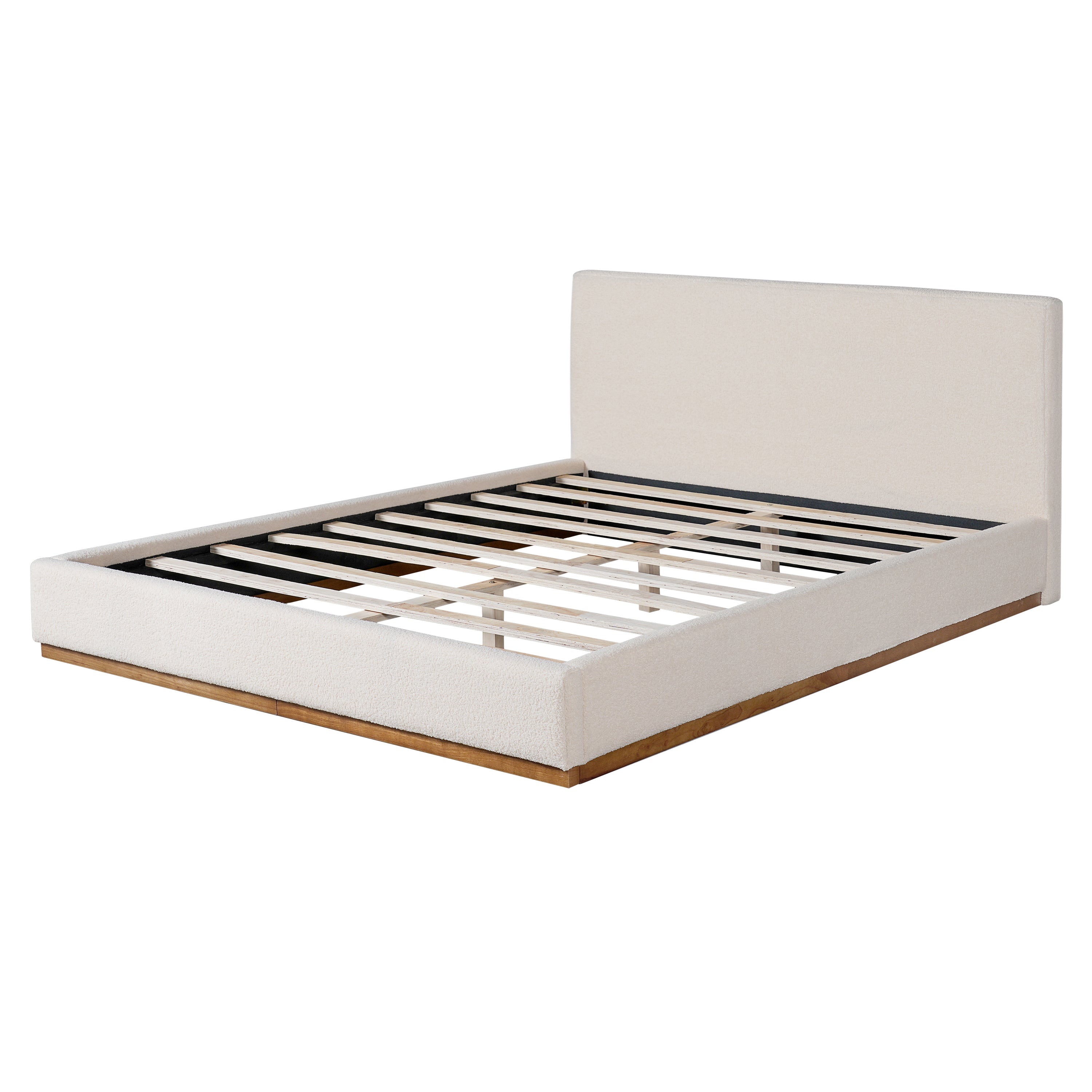 Elegant White Fabric Upholstered Bed With Nice Wood Grain Textured Sol ...