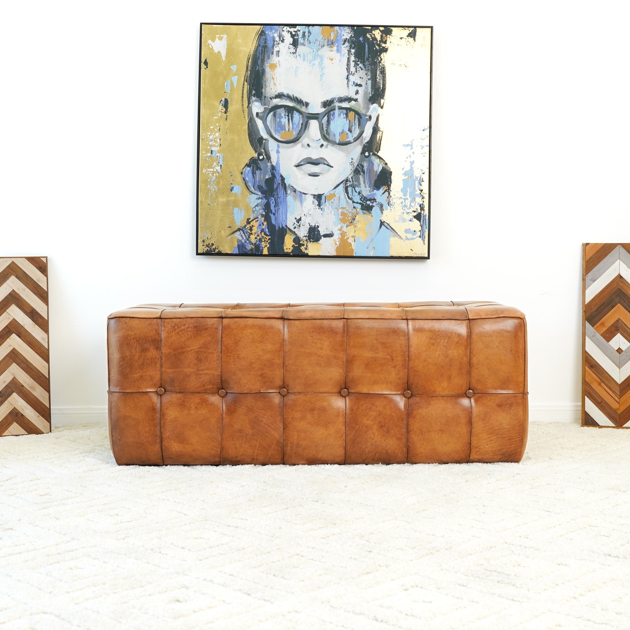 Benjiro Mid-Century Modern Tan Leather Tufted Ottoman - Pier 1
