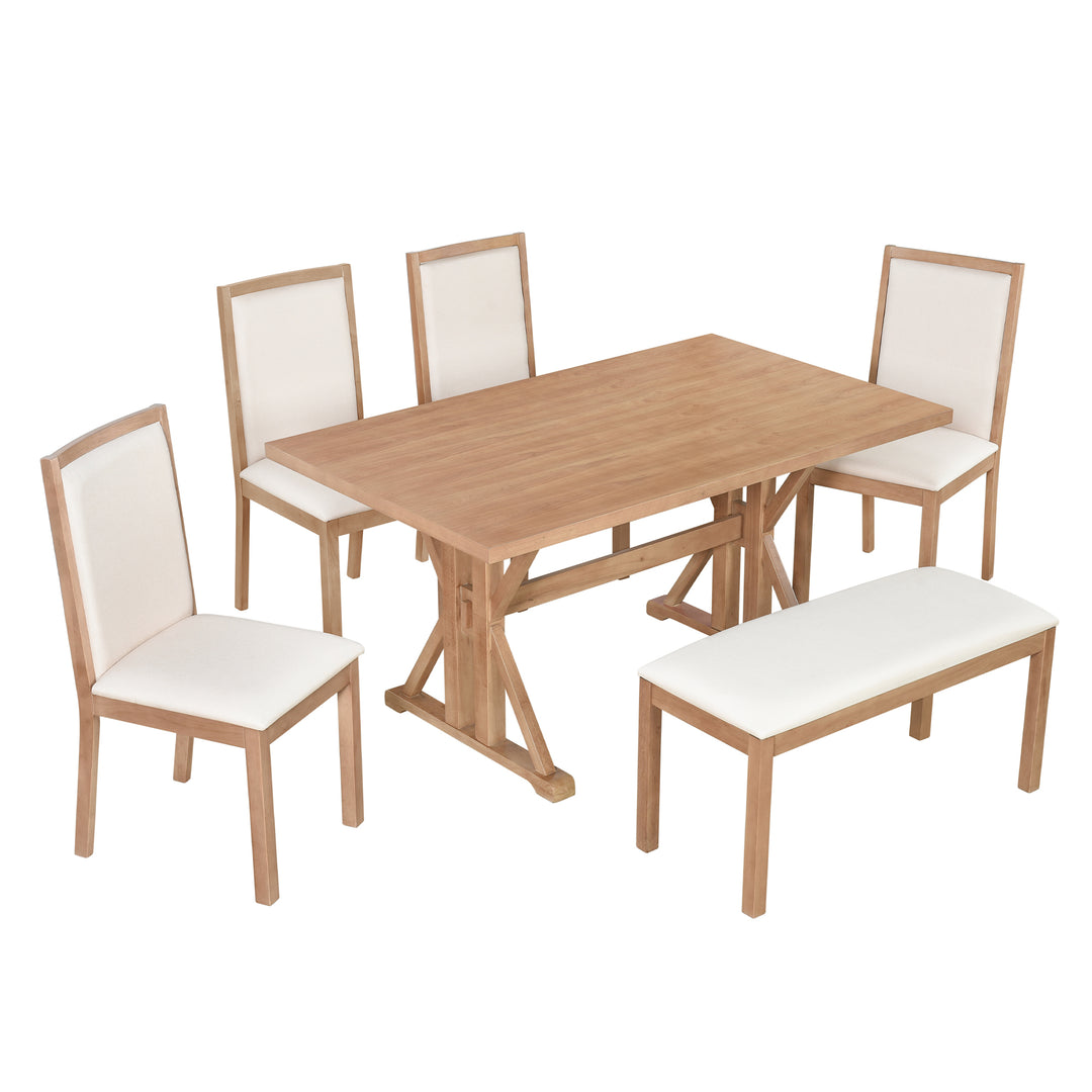 6-Piece Dining Set with Trestle Base, Upholstered Dining Bench and 4 ...