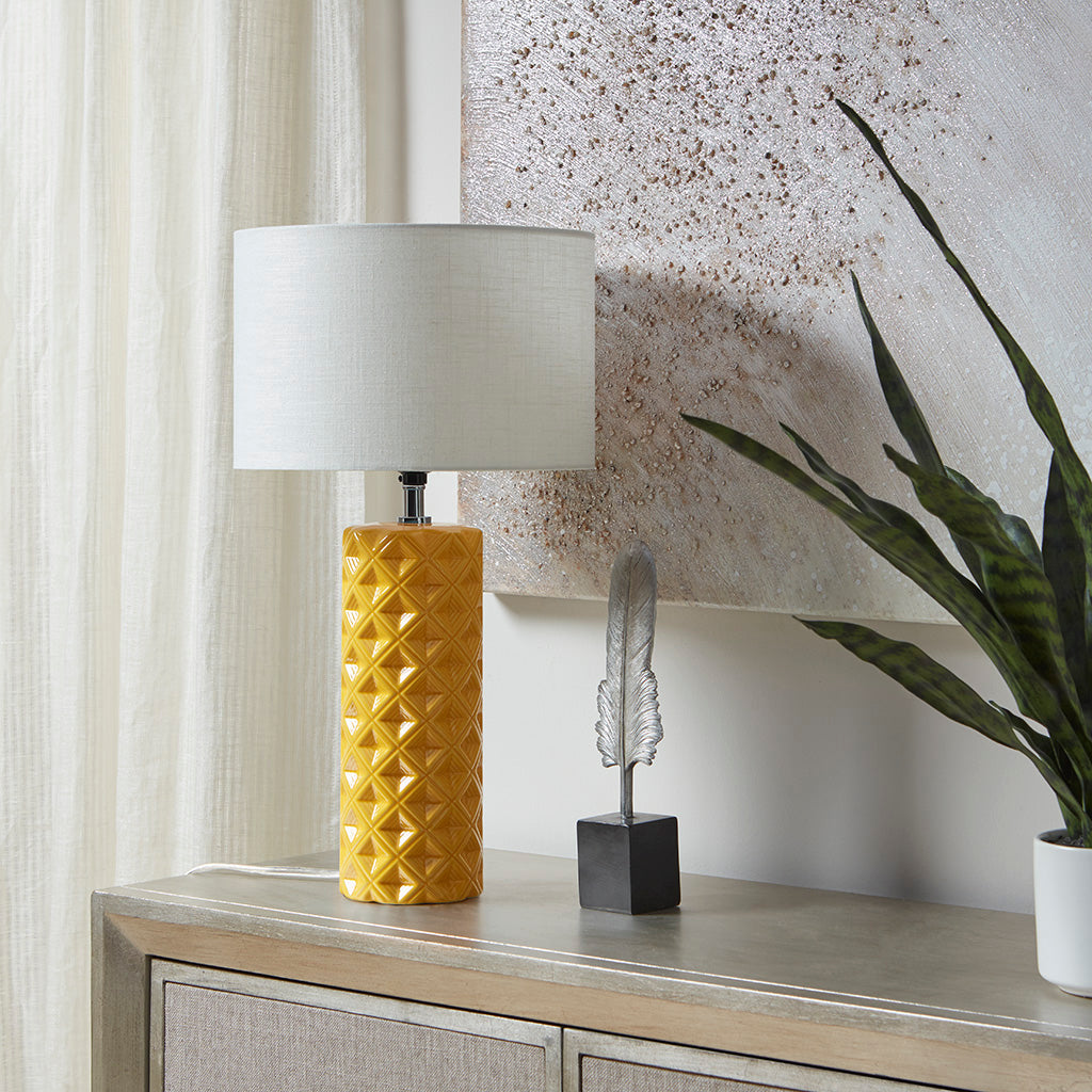 Table Lamp with Patterned Cylinder Ceramic Base and Round Drum Shade ...