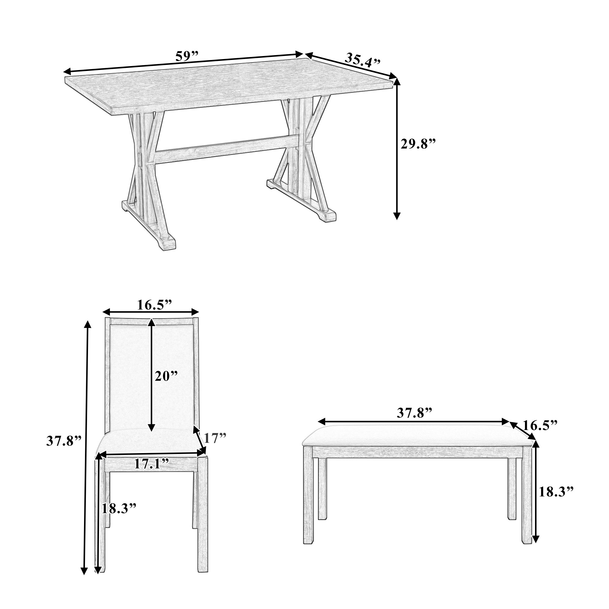 6-Piece Dining Set with Trestle Base, Upholstered Dining Bench and 4 ...