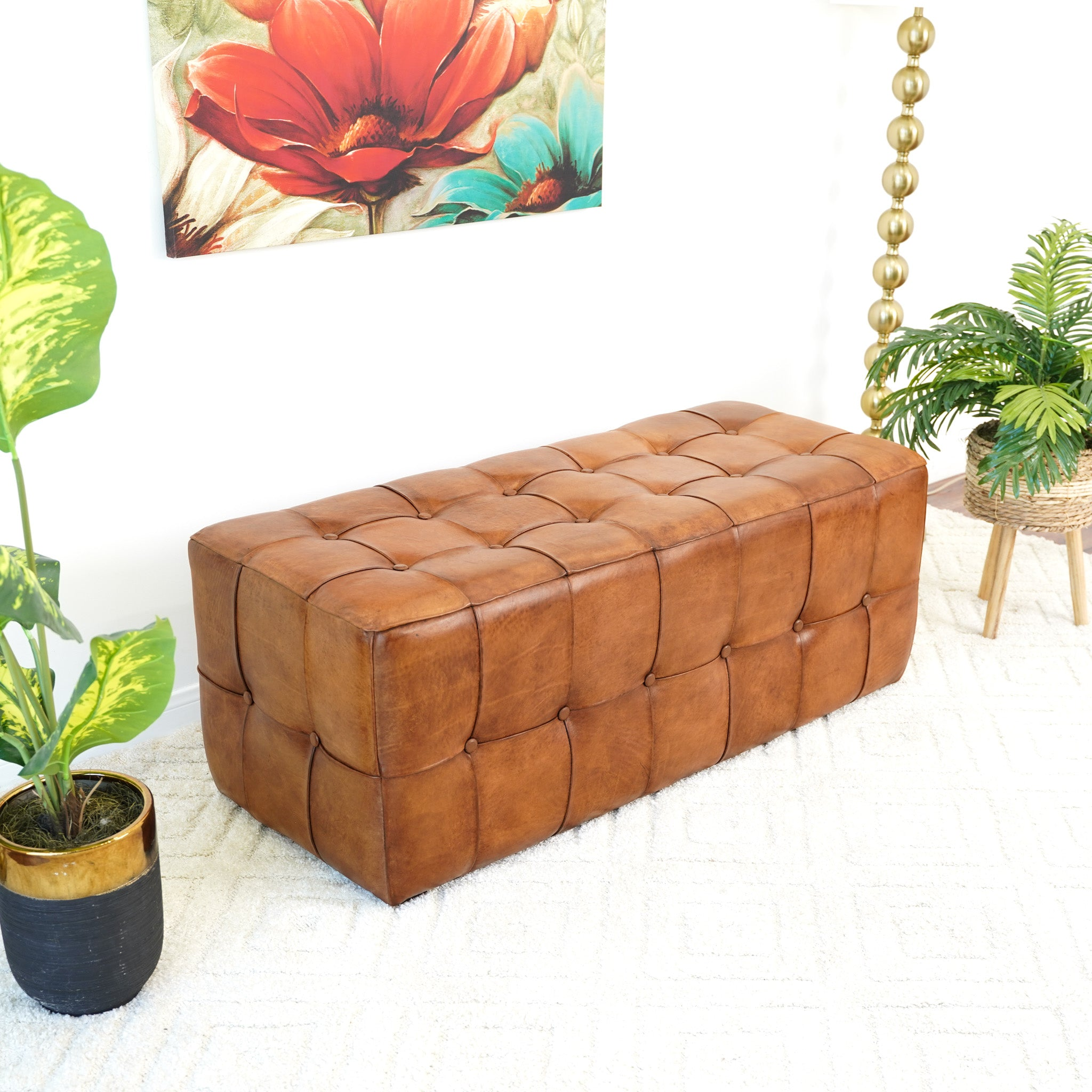 Benjiro Mid-Century Modern Tan Leather Tufted Ottoman - Pier 1