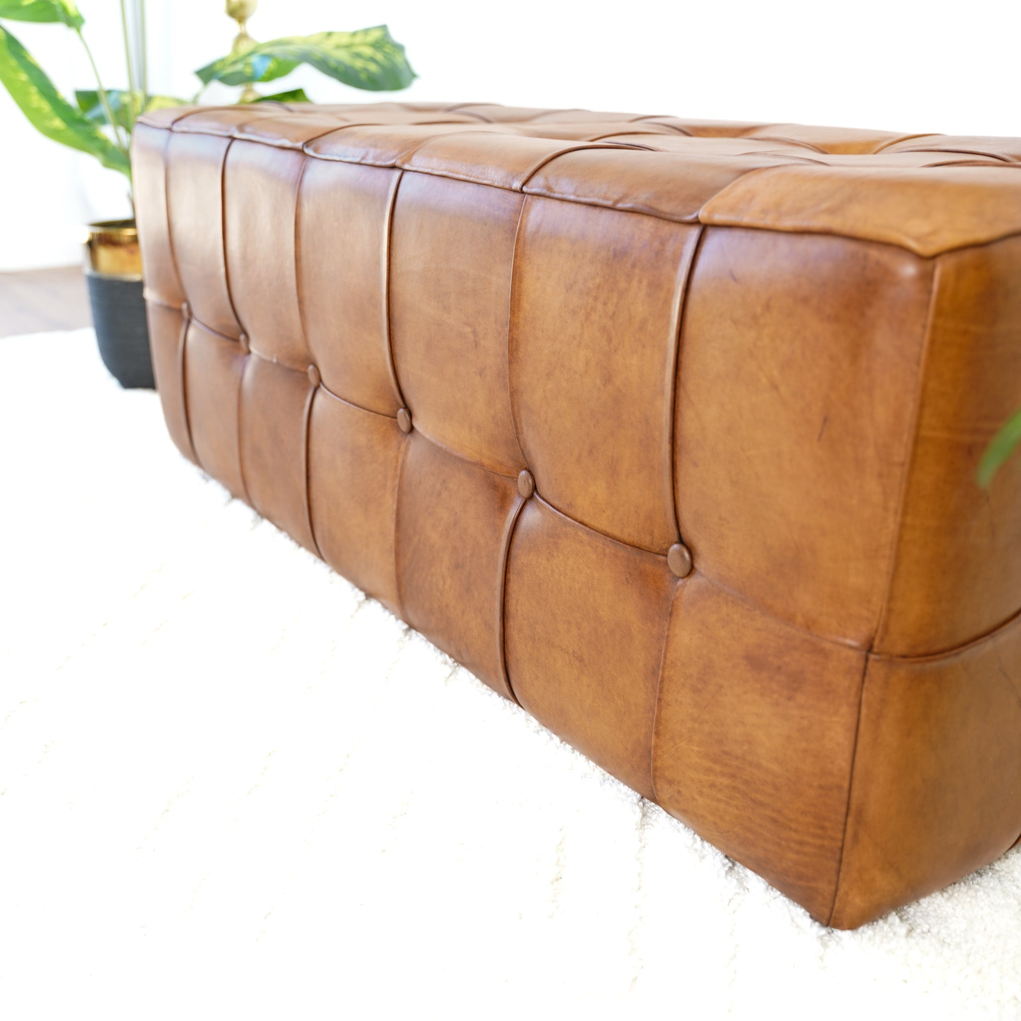 Benjiro Mid-Century Modern Tan Leather Tufted Ottoman - Pier 1