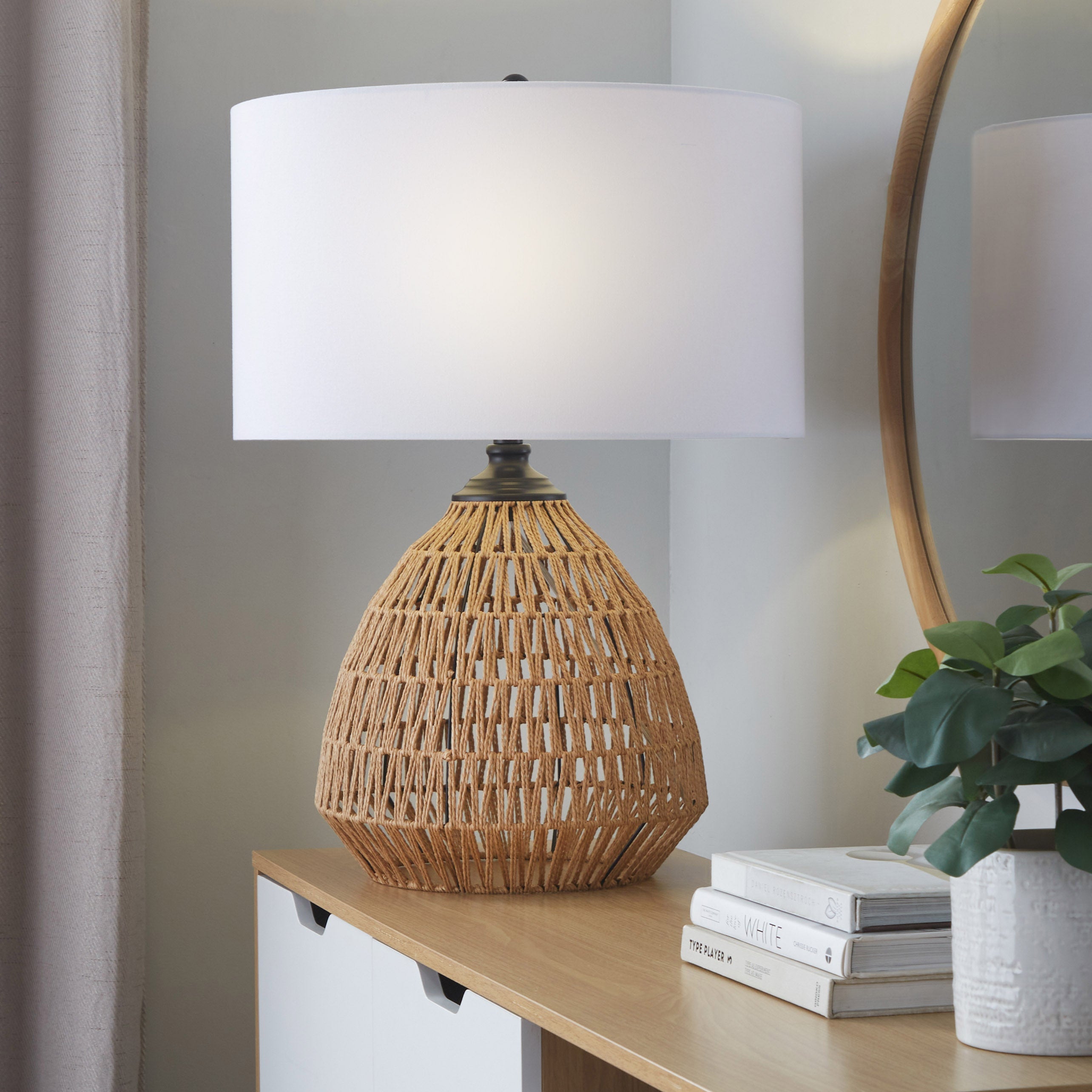 Table Lamp with Rope Rattan Base and White Linen Shade - Pier 1