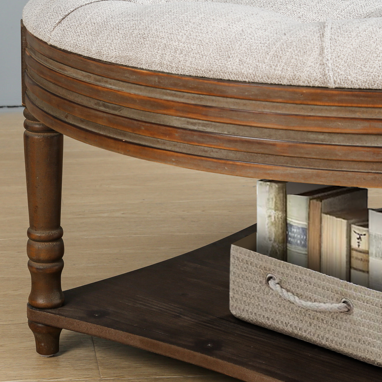 Captains Large Round Upholstered Ottoman with Bottom Shelf - Pier 1
