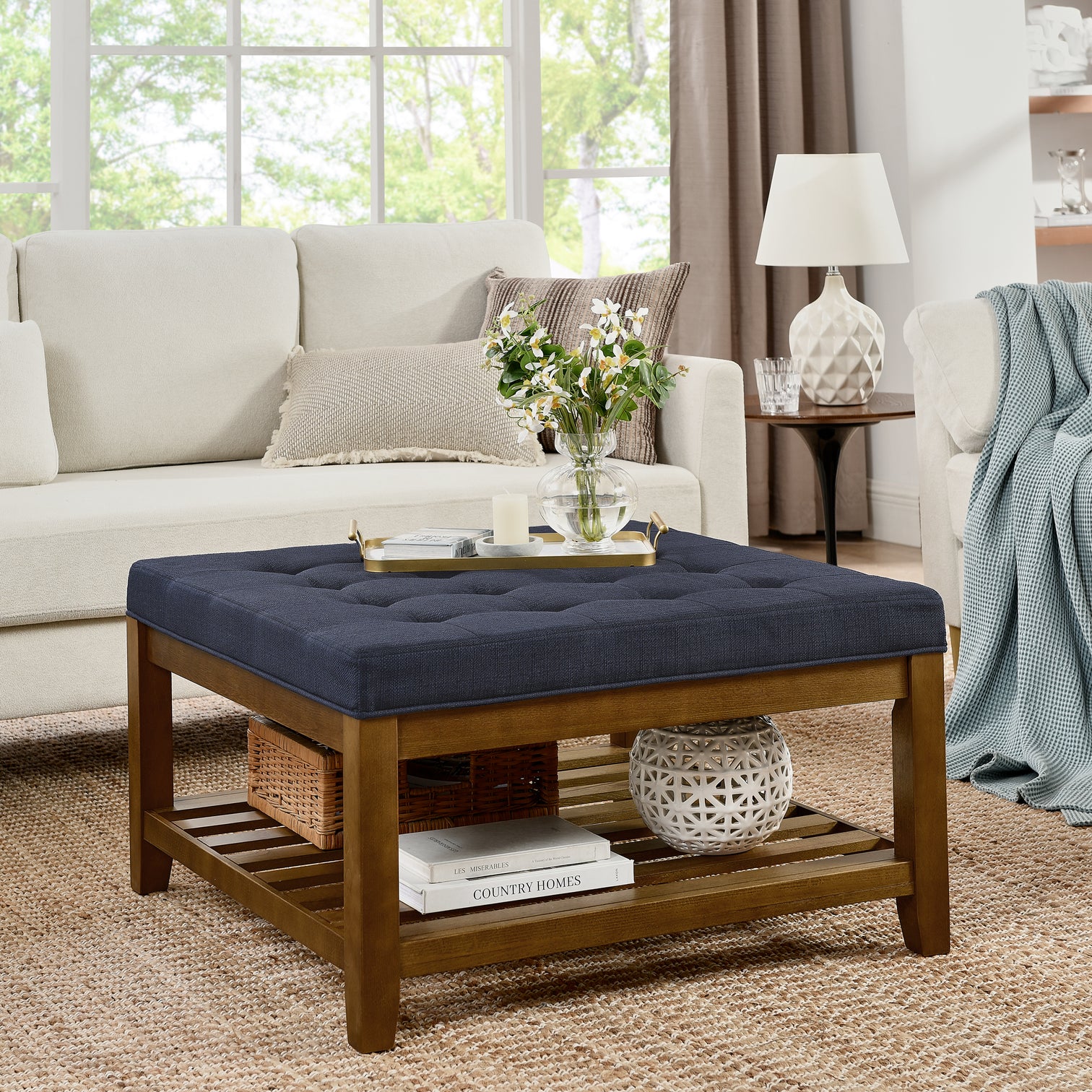 Upholstered Square Coffee Table with Shelf and Tufted Top - Pier 1