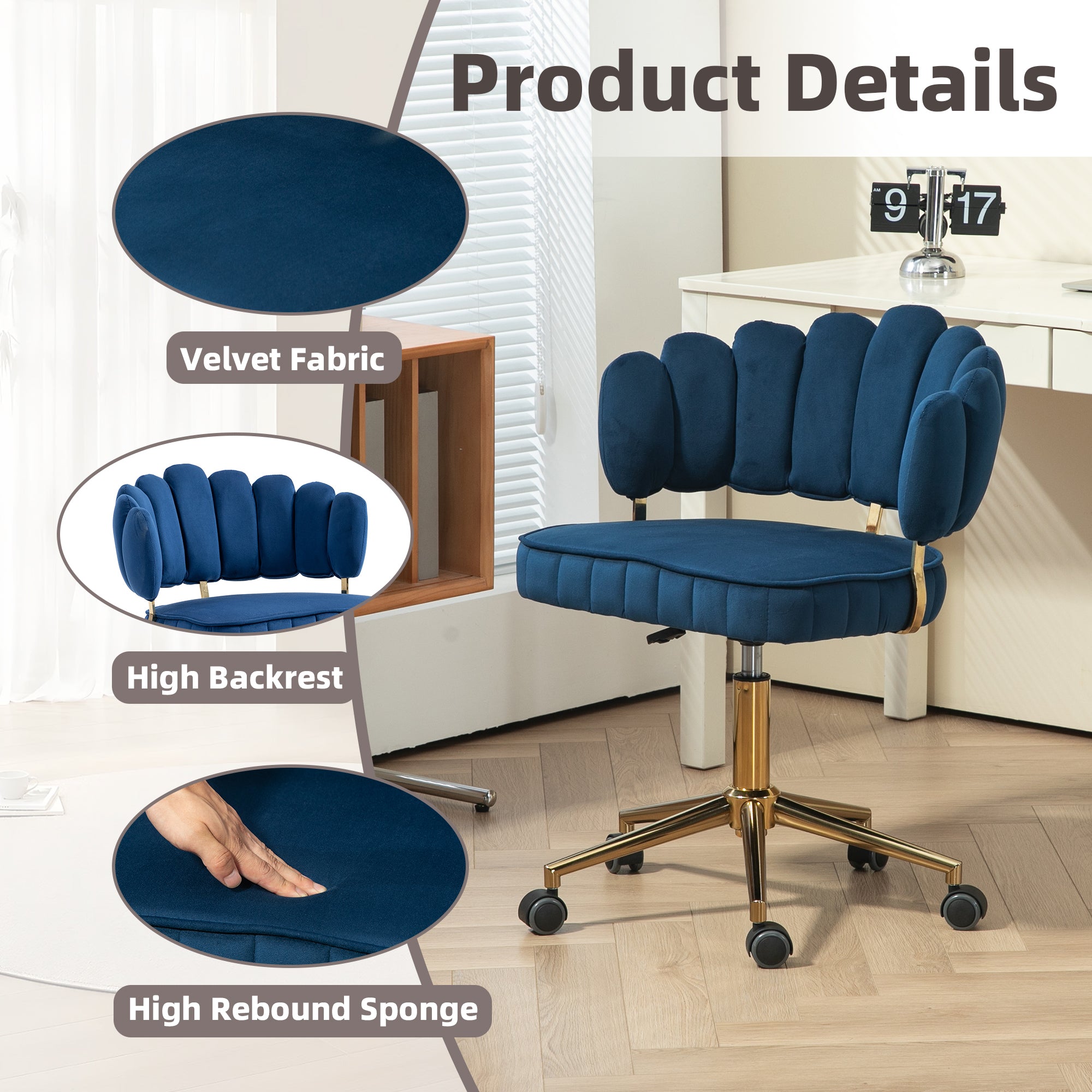 Modern Velvet Home Office Desk Chair with Adjustable Height and Swivel ...