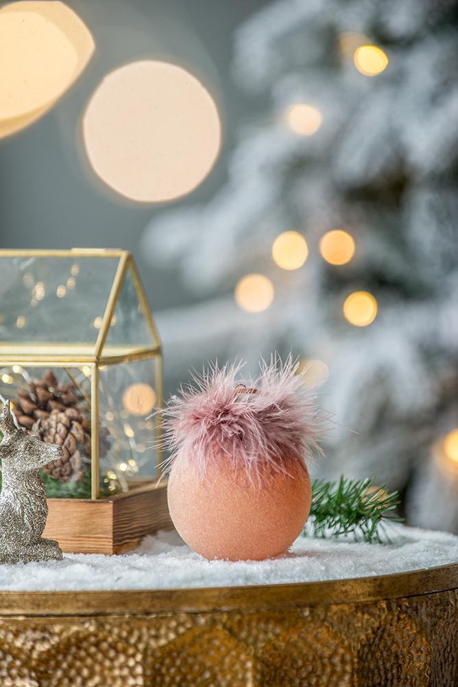 3" Pink Flocked Christmas Ornaments with Feather Embellishment, Set of ...
