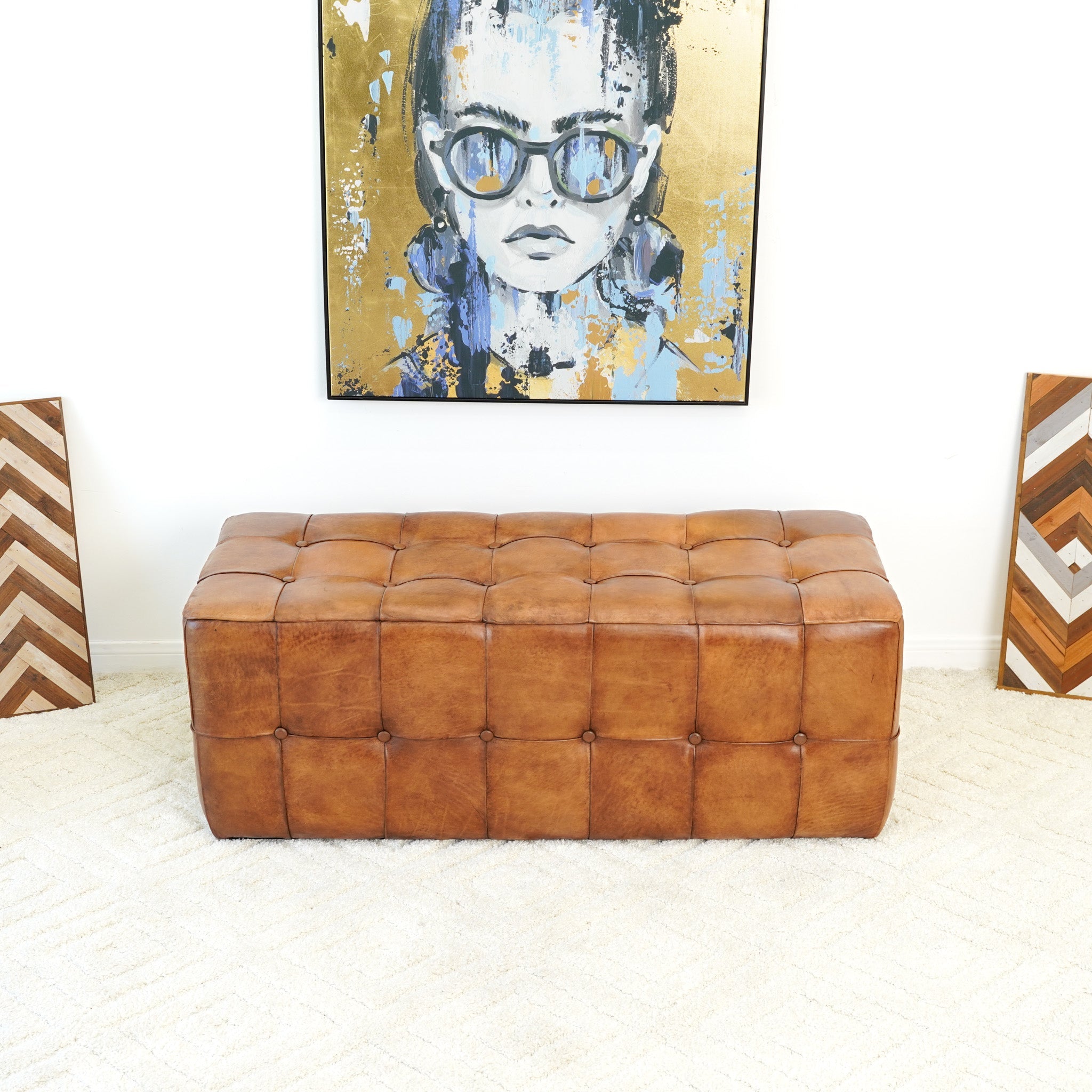 Benjiro Mid-Century Modern Tan Leather Tufted Ottoman - Pier 1
