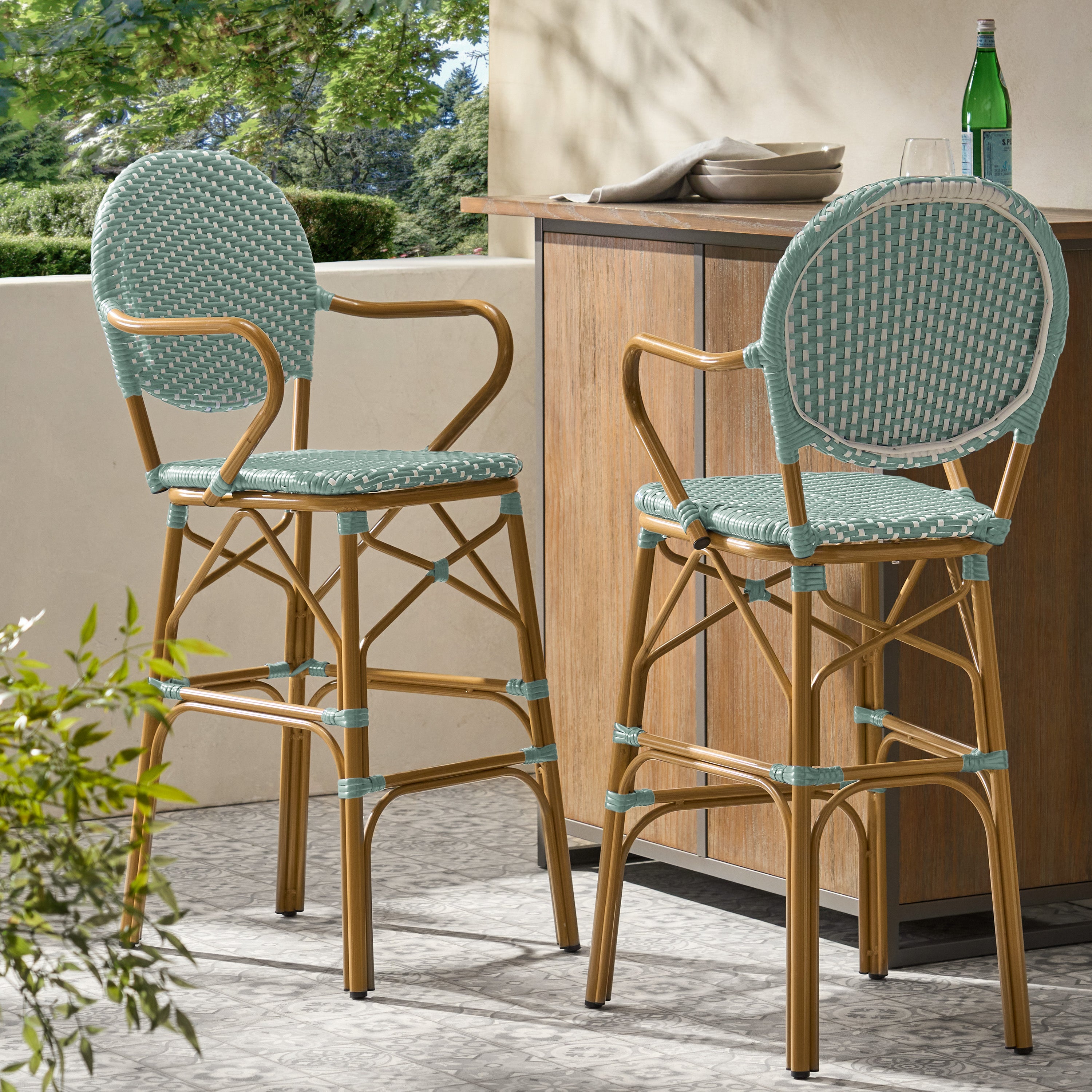 Valorous Outdoor Wicker Bar Stool with Round Back and Curved Arms, Set ...