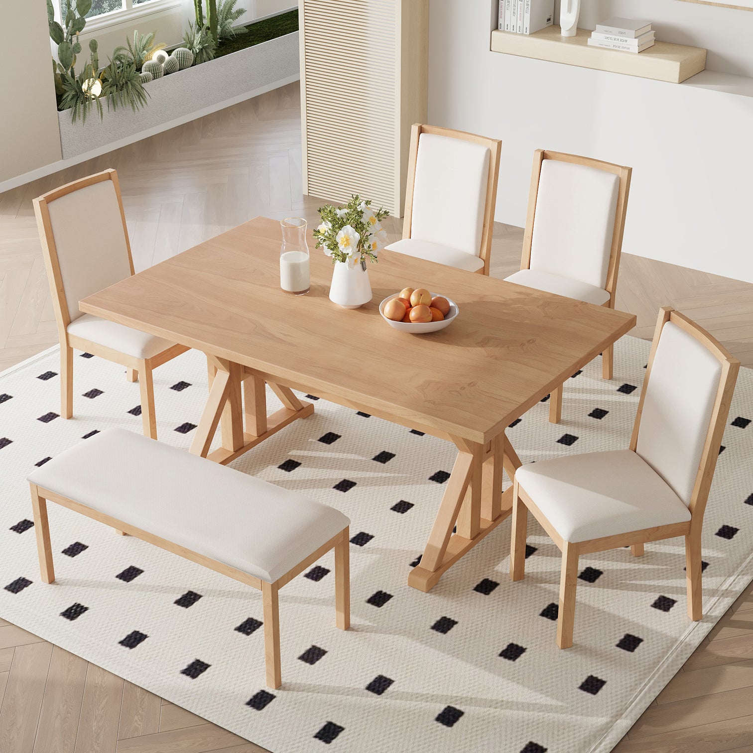 6-Piece Dining Set with Trestle Base, Upholstered Dining Bench and 4 ...