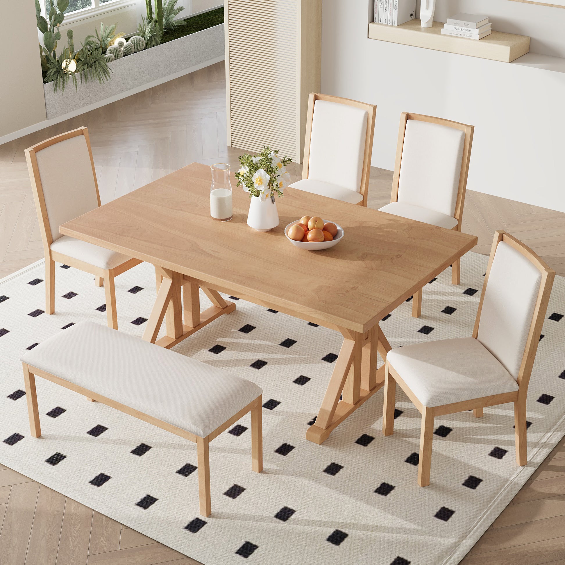 6-Piece Dining Set with Trestle Base, Upholstered Dining Bench and 4 ...