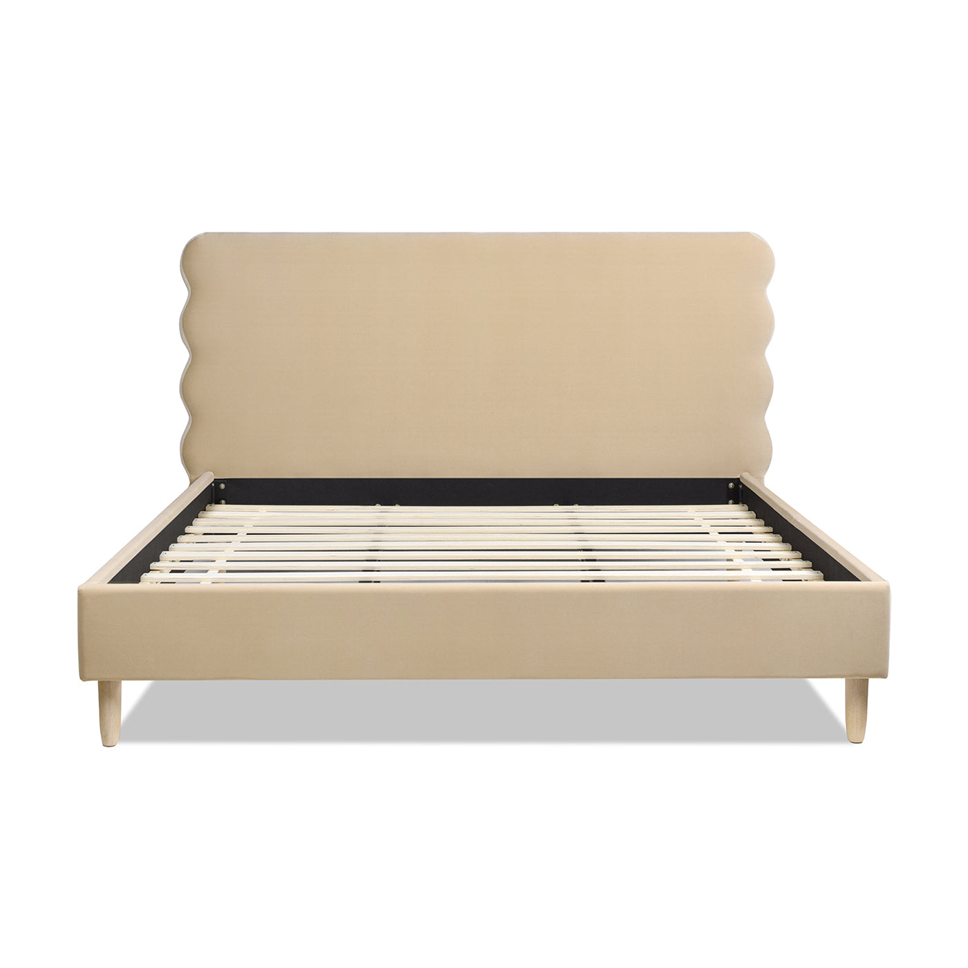 Essencee Upholstered Platform Bed with Wavy Headboard and Wood Legs ...