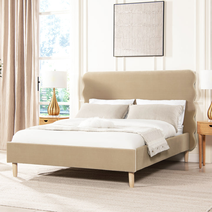 Essencee Upholstered Platform Bed with Wavy Headboard and Wood Legs ...