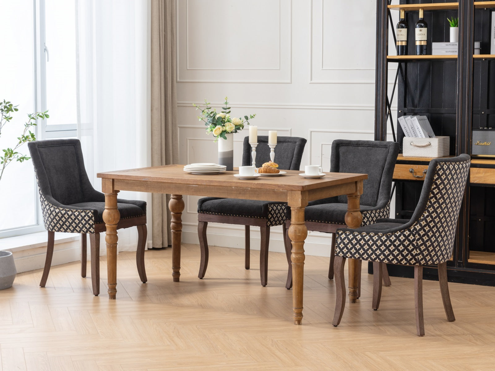 Square Patterned Back Upholstered Dining Chair with Bronze Nailhead Tr ...