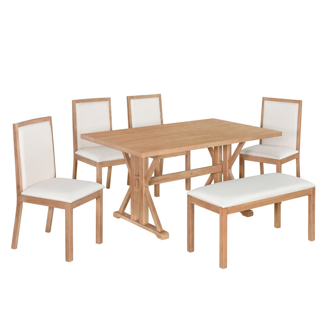 6-Piece Dining Set with Trestle Base, Upholstered Dining Bench and 4 ...