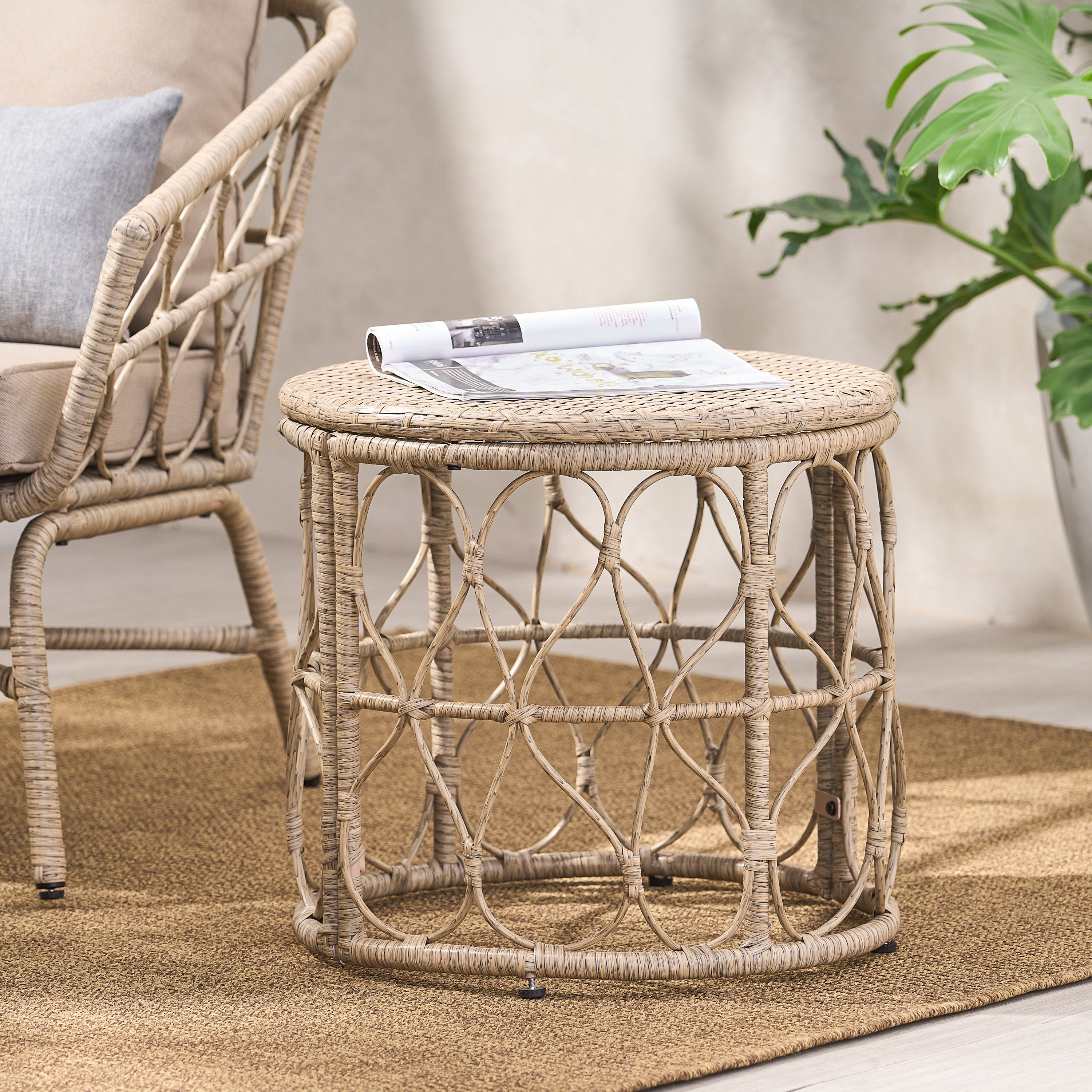 Cultured Outdoor Side Table with Wicker Weave Top and Looped Design ...
