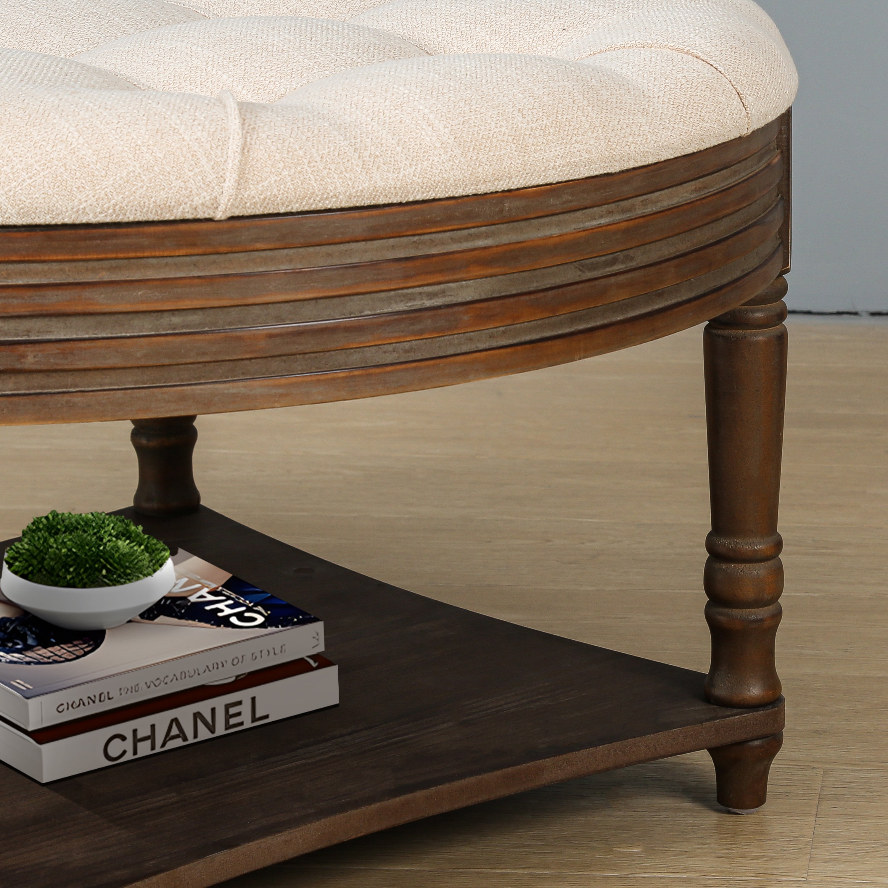 Captains Large Round Upholstered Ottoman with Bottom Shelf - Pier 1