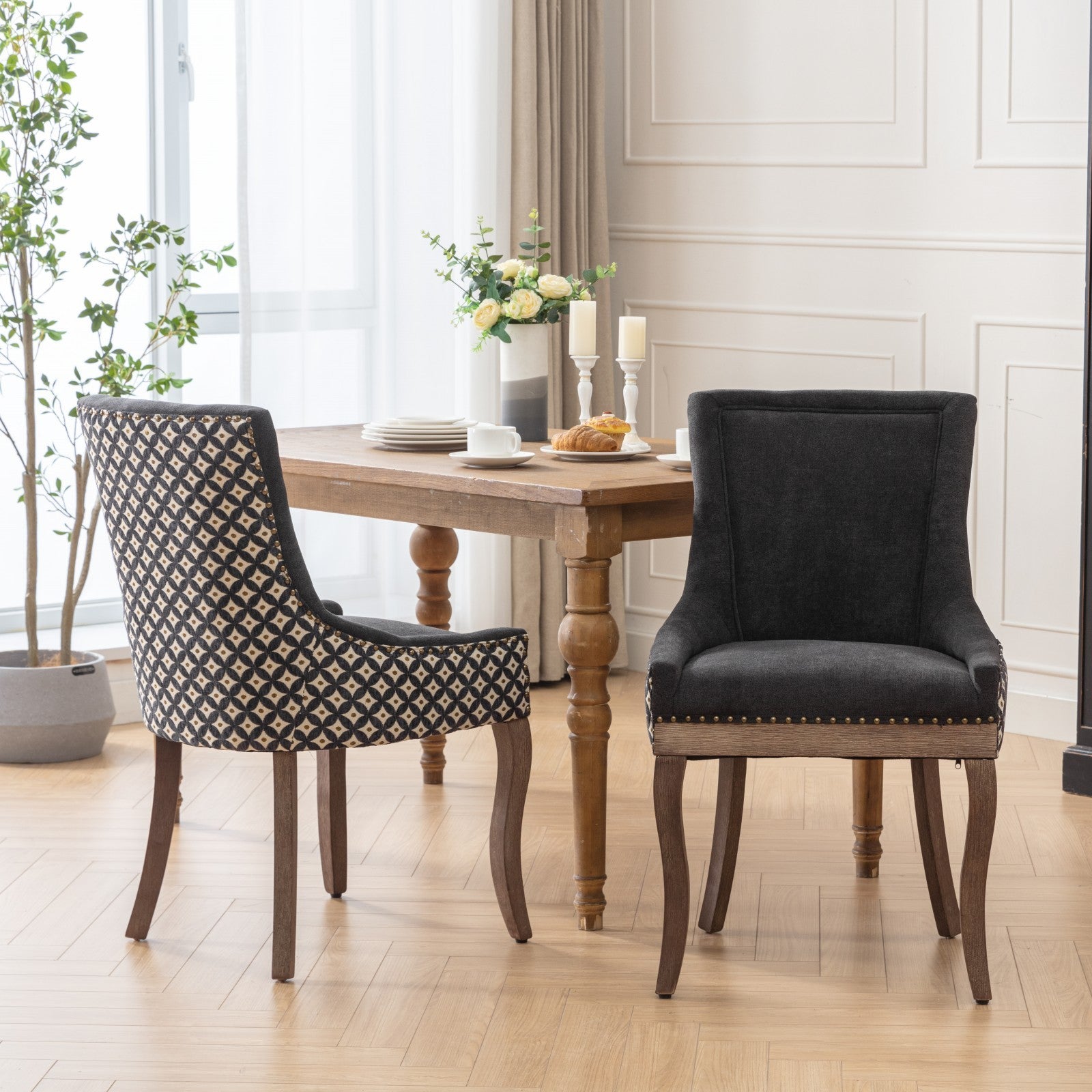 Square Patterned Back Upholstered Dining Chair with Bronze Nailhead Tr ...