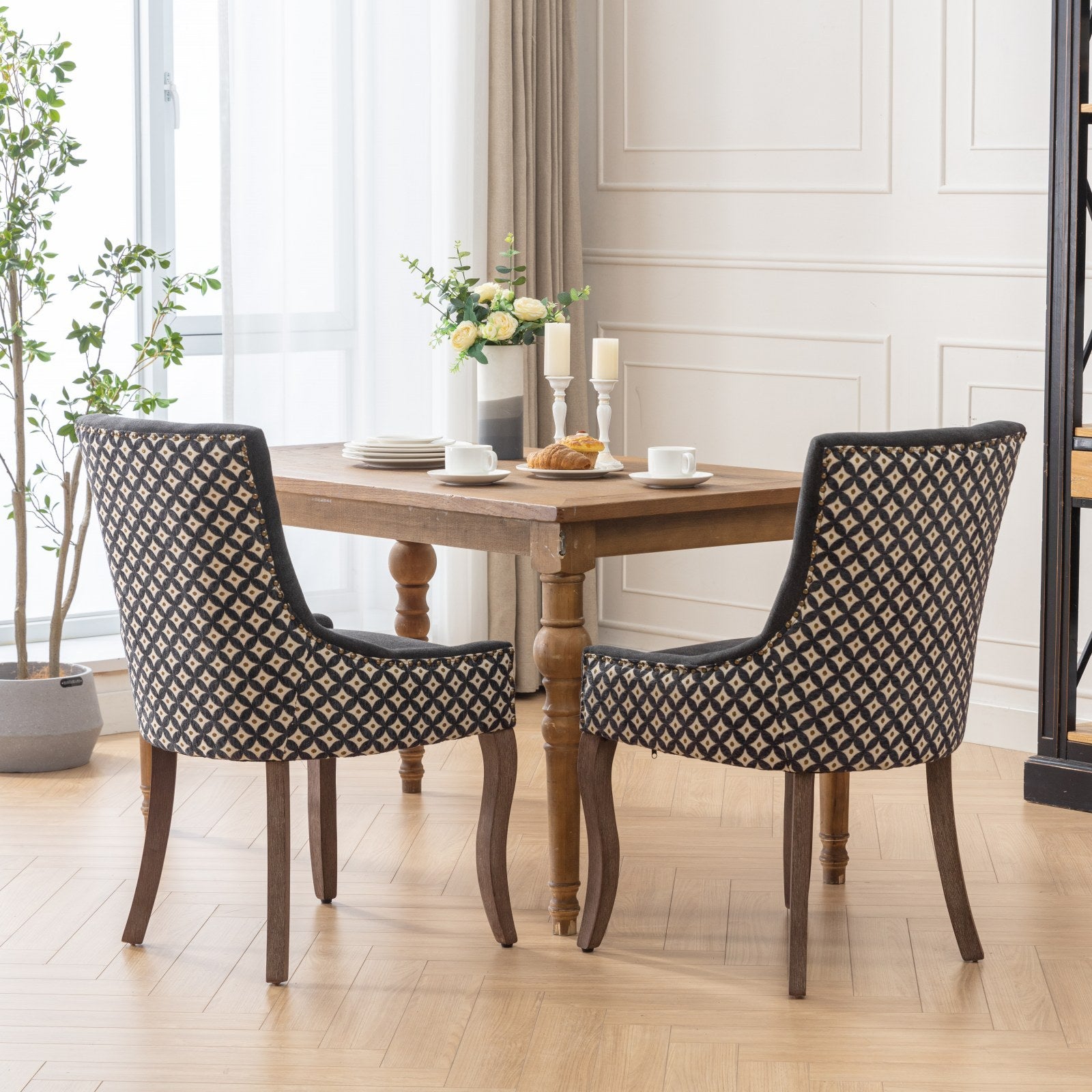 Square Patterned Back Upholstered Dining Chair with Bronze Nailhead Tr ...