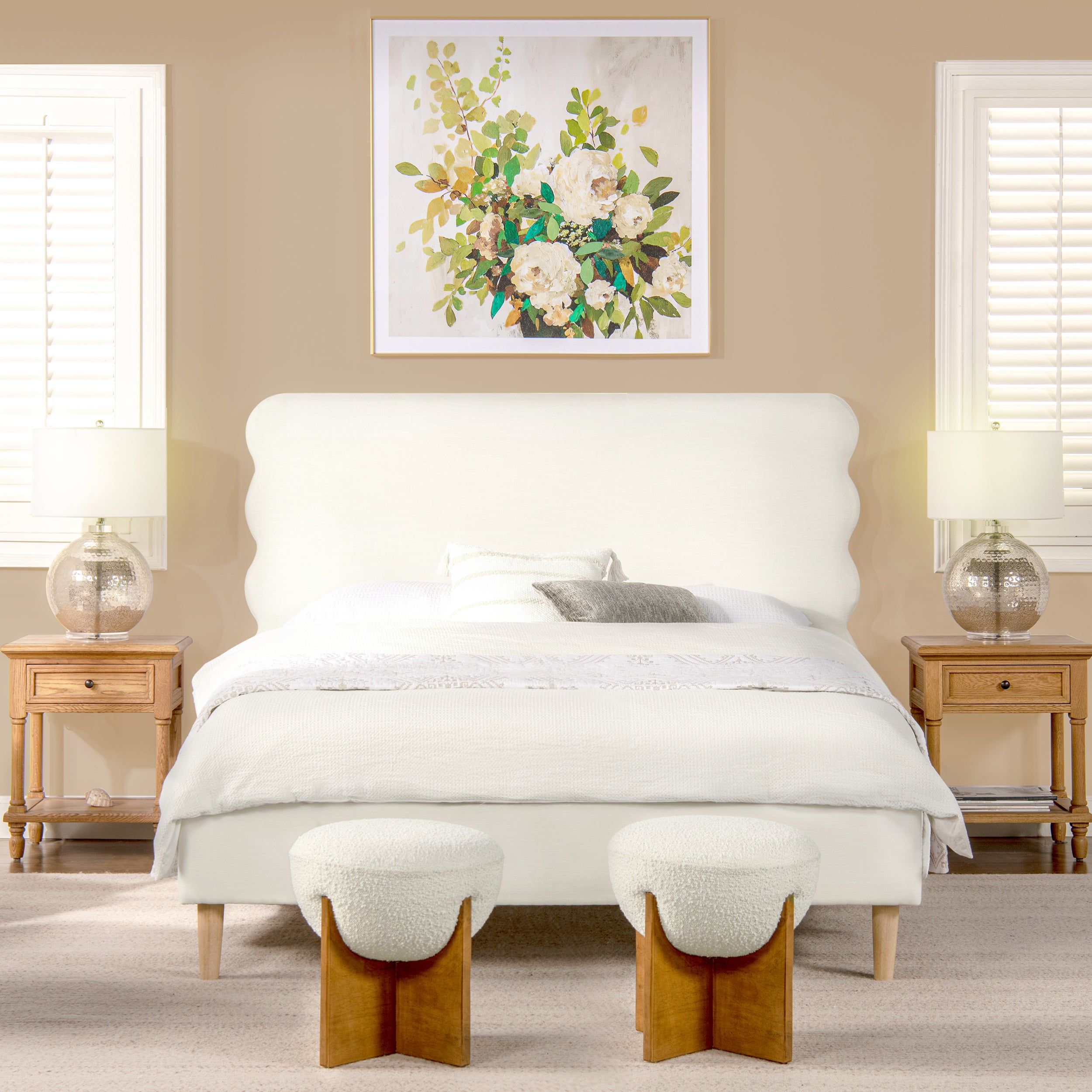 Essencee Upholstered Platform Bed with Wavy Headboard and Wood Legs ...