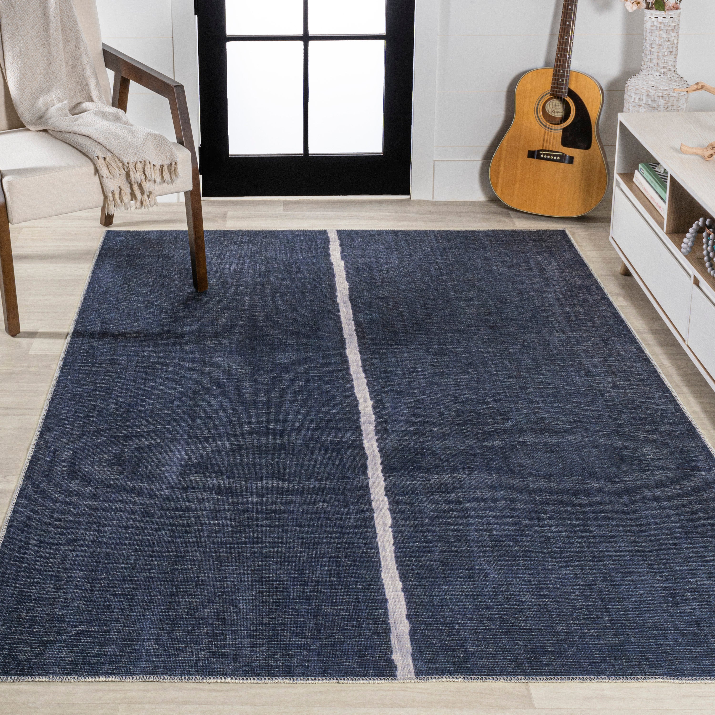 Linja Solid Centre Stripe Machine-Washable Area Rug - Pier 1