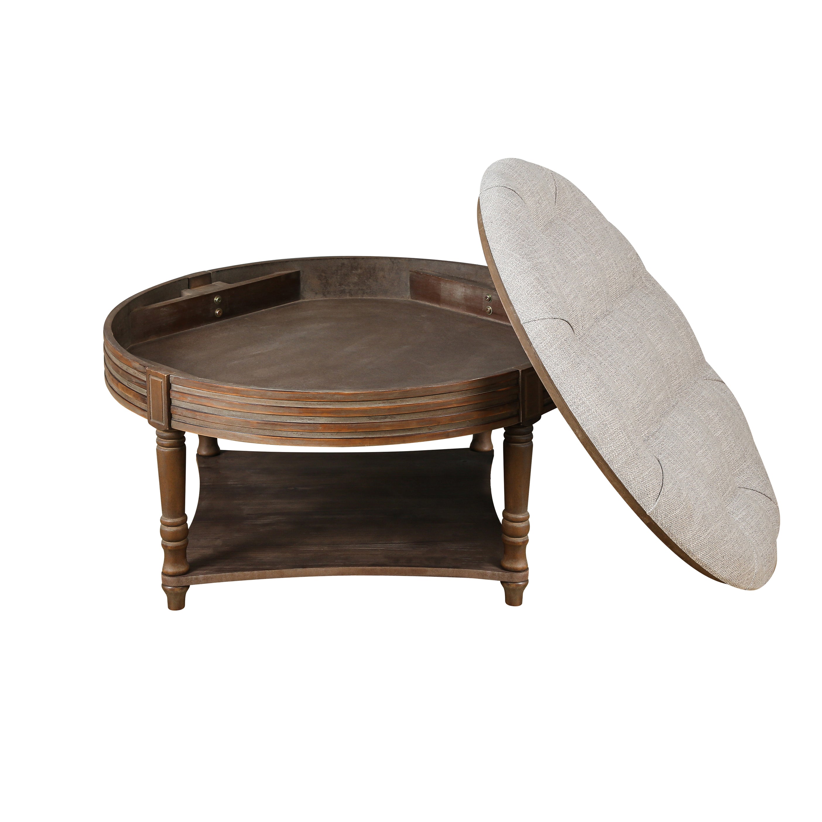 Captains Large Round Upholstered Ottoman with Bottom Shelf - Pier 1