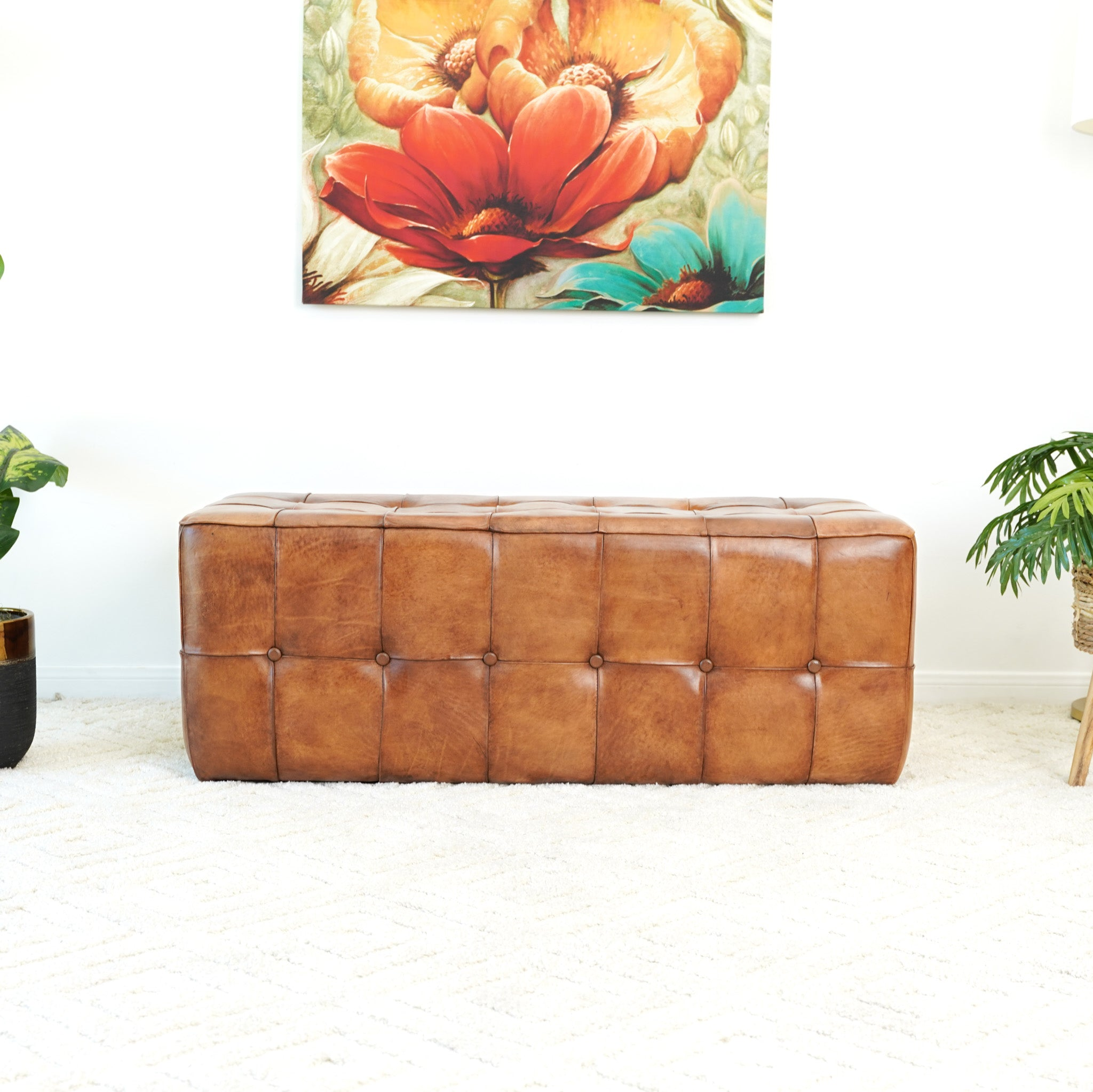 Benjiro Mid-Century Modern Tan Leather Tufted Ottoman - Pier 1