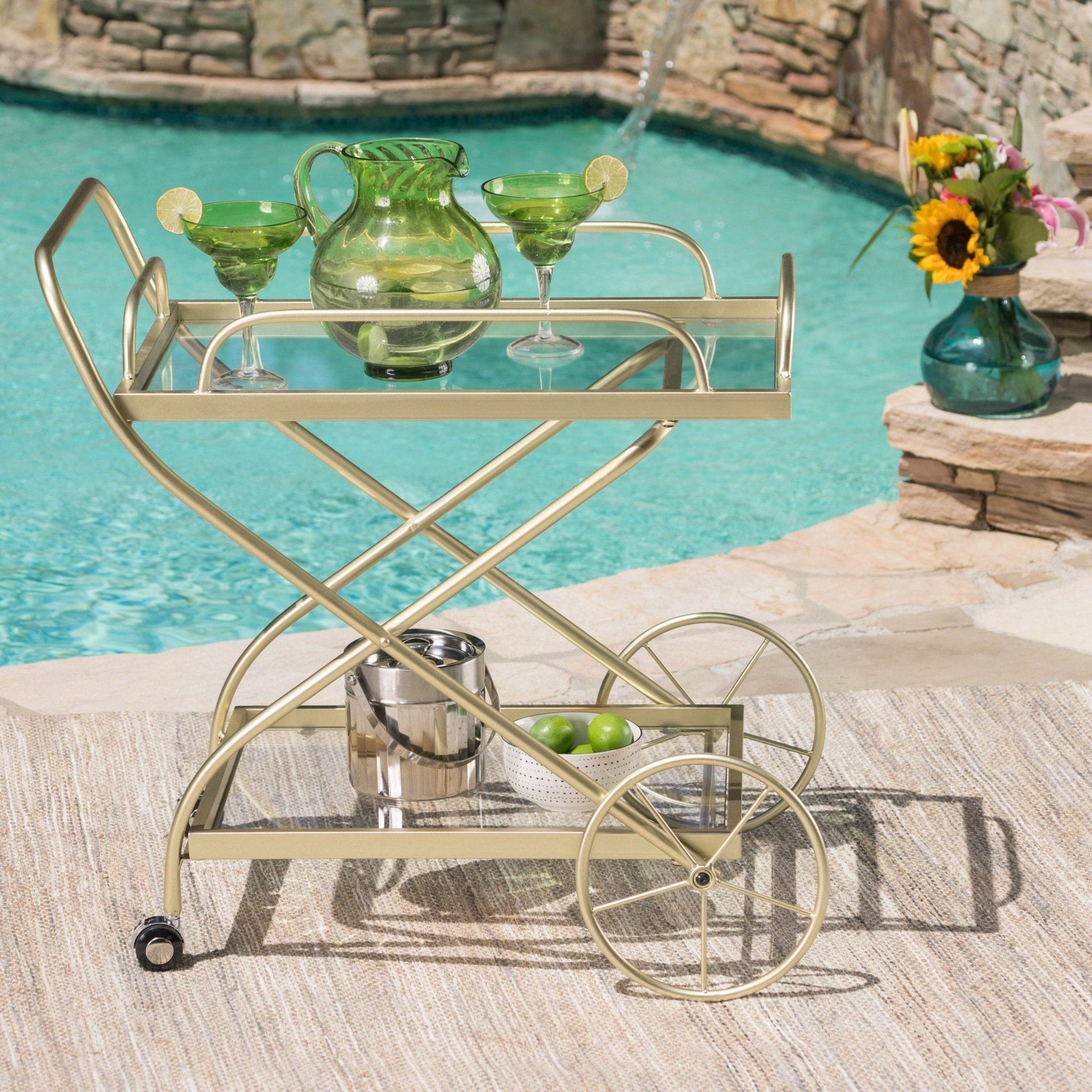 Allegro Outdoor Bar Cart with 2 Tempered Glass Shelves and Metal Frame ...