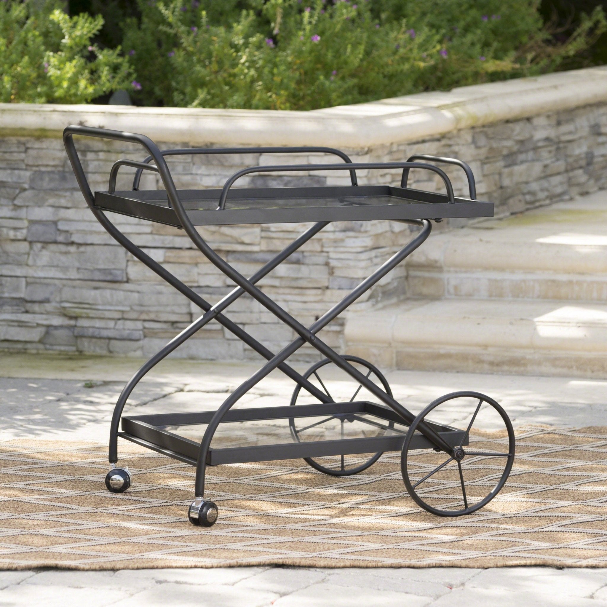 Allegro Outdoor Bar Cart with 2 Tempered Glass Shelves and Metal Frame ...