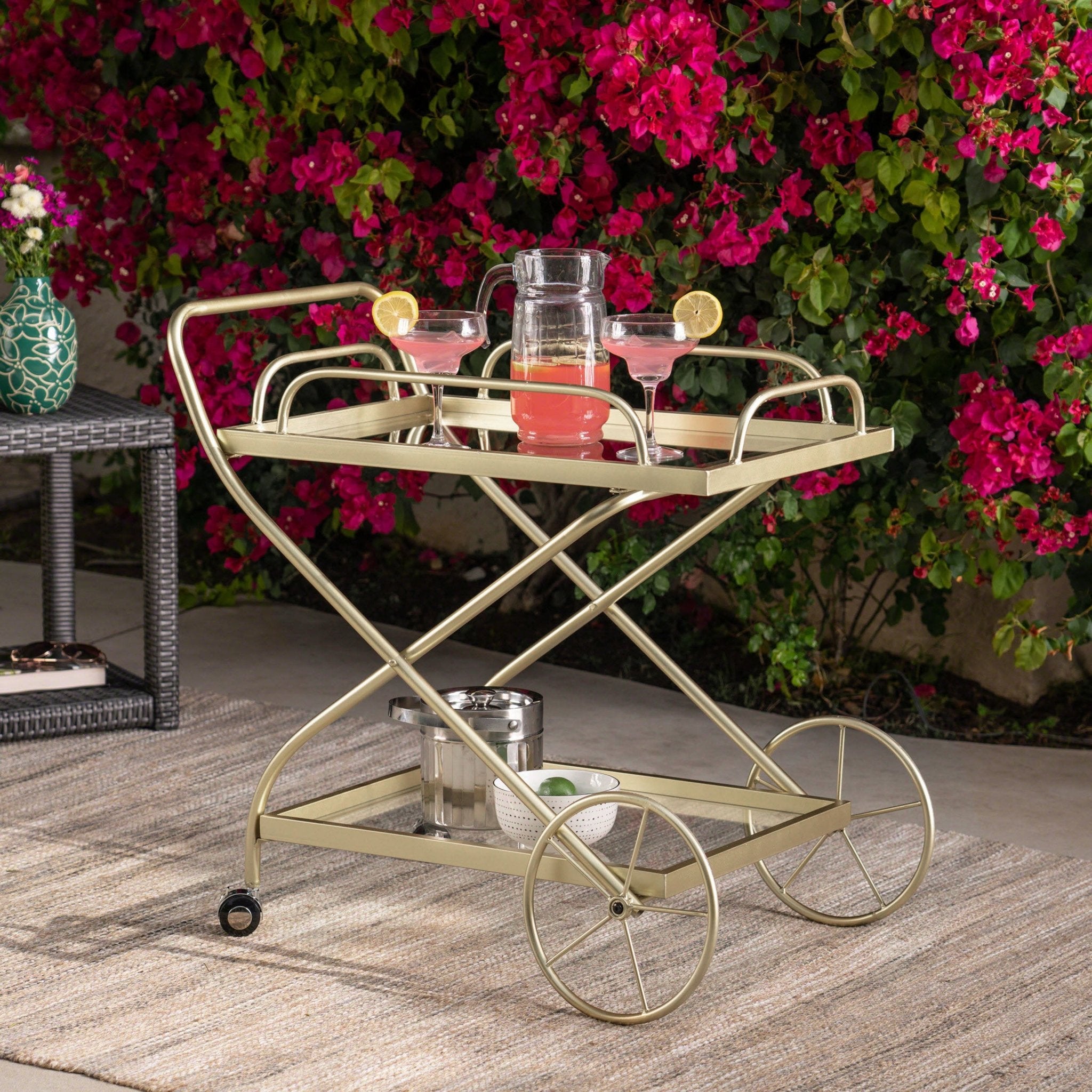 Allegro Outdoor Bar Cart with 2 Tempered Glass Shelves and Metal Frame ...