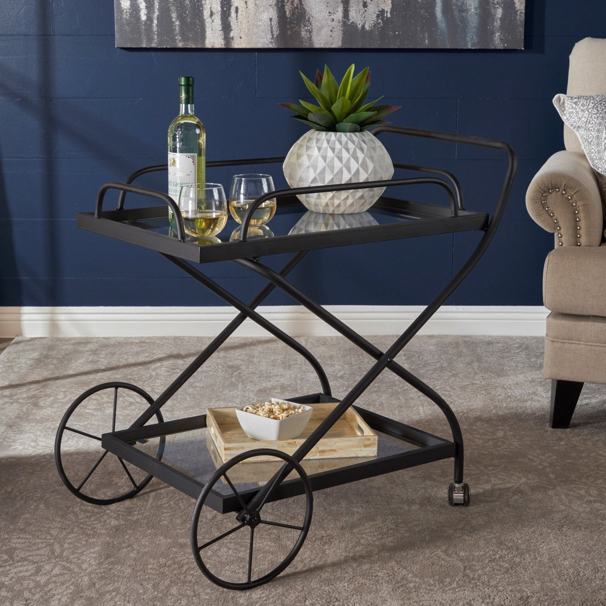 Allegro Outdoor Bar Cart with 2 Tempered Glass Shelves and Metal Frame ...