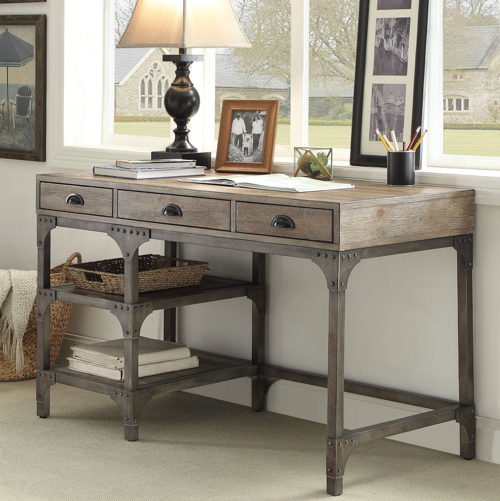 Weathered Oak and Antique Silver 3-Drawer Writing Desk – Pier 1