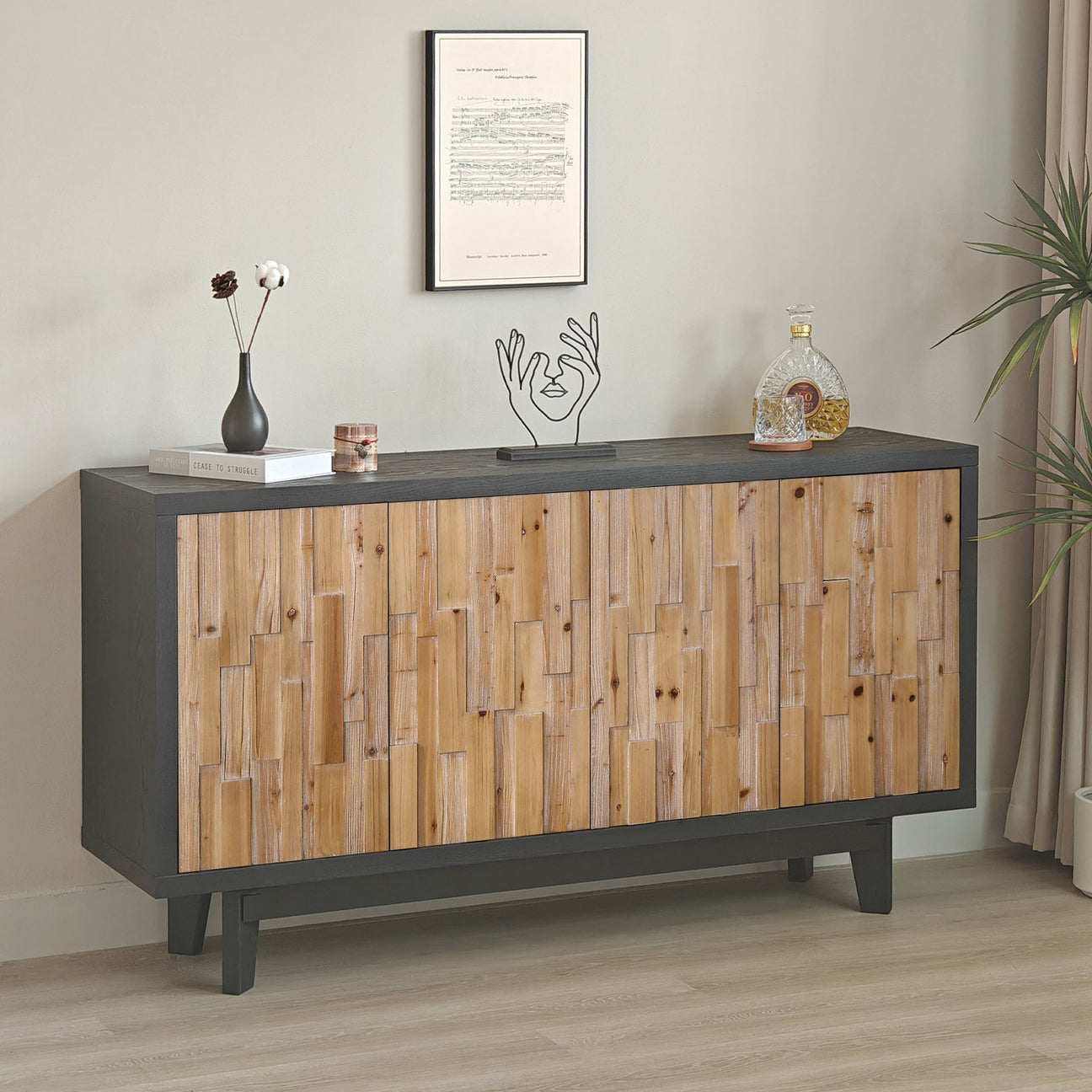 Wooden 4-Door Storage Cabinet with Textured Geometric Design - Pier 1