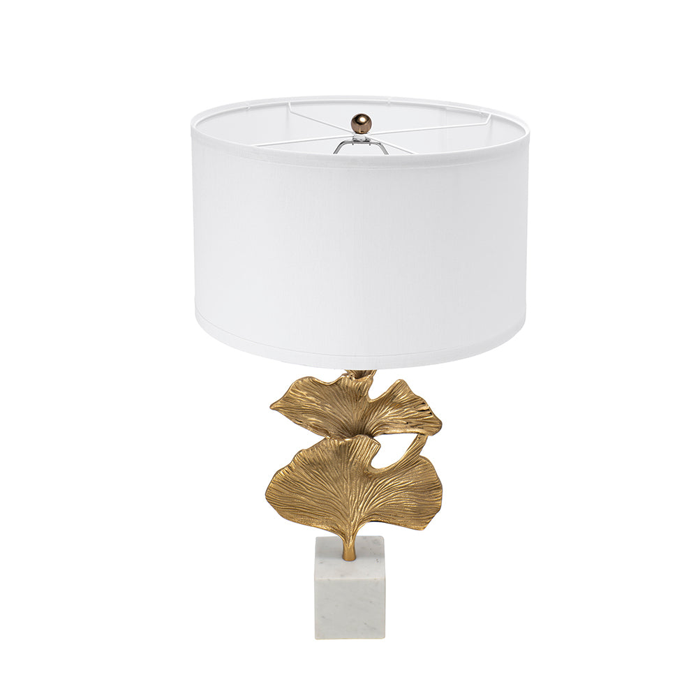 Gold Ginkgo Leaf Table Lamp with Marble Base and White Drum Shade – Pier 1