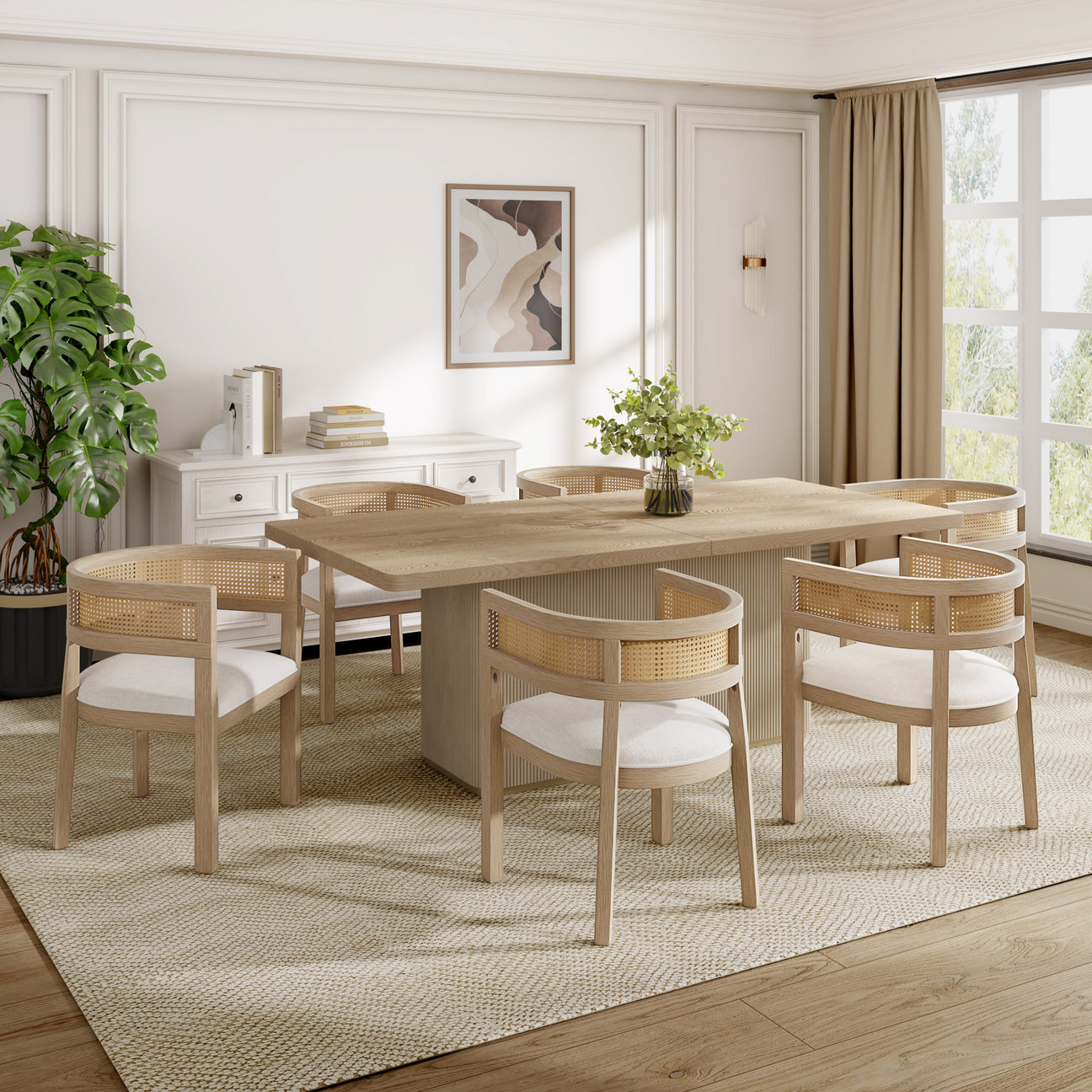 Asbury 7-Piece Mid-Century Modern Wood Upholstered Dining Set with Ped ...
