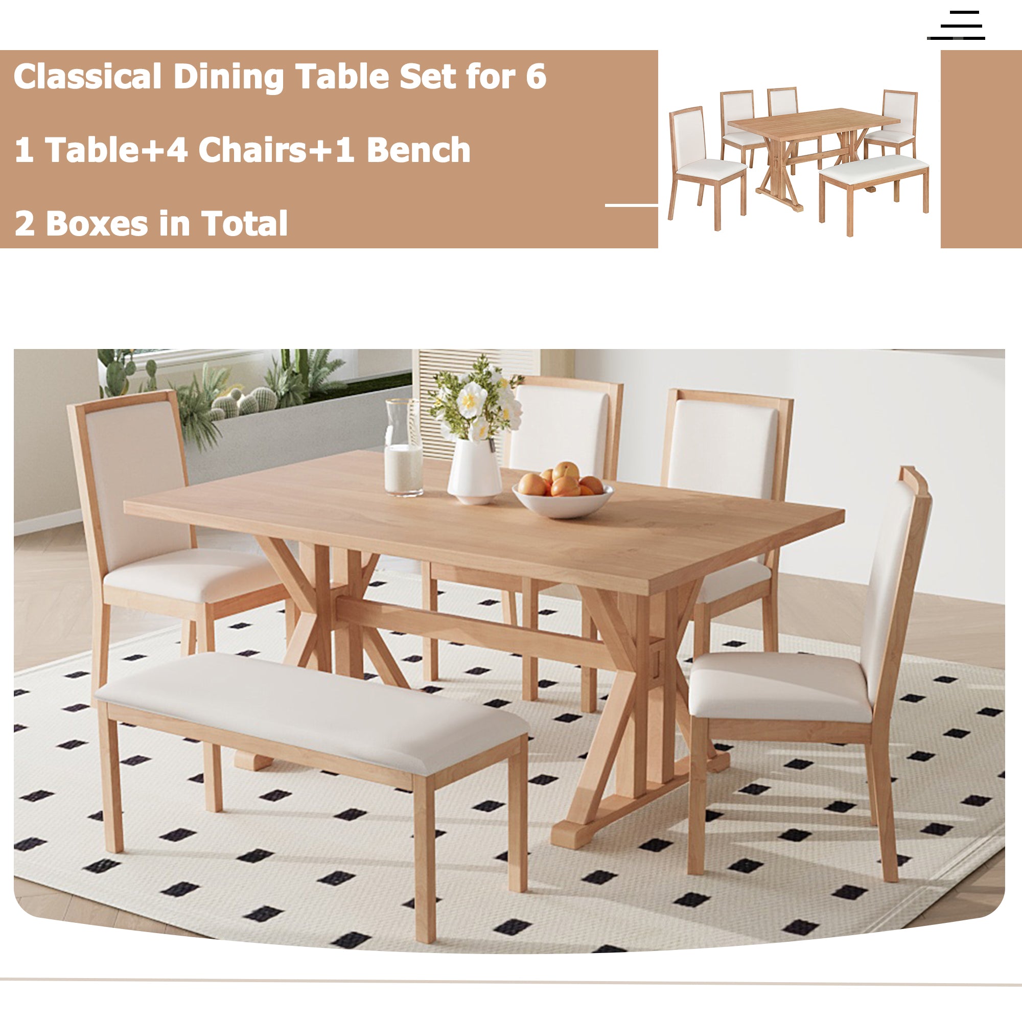 6-Piece Dining Set with Trestle Base, Upholstered Dining Bench and 4 ...