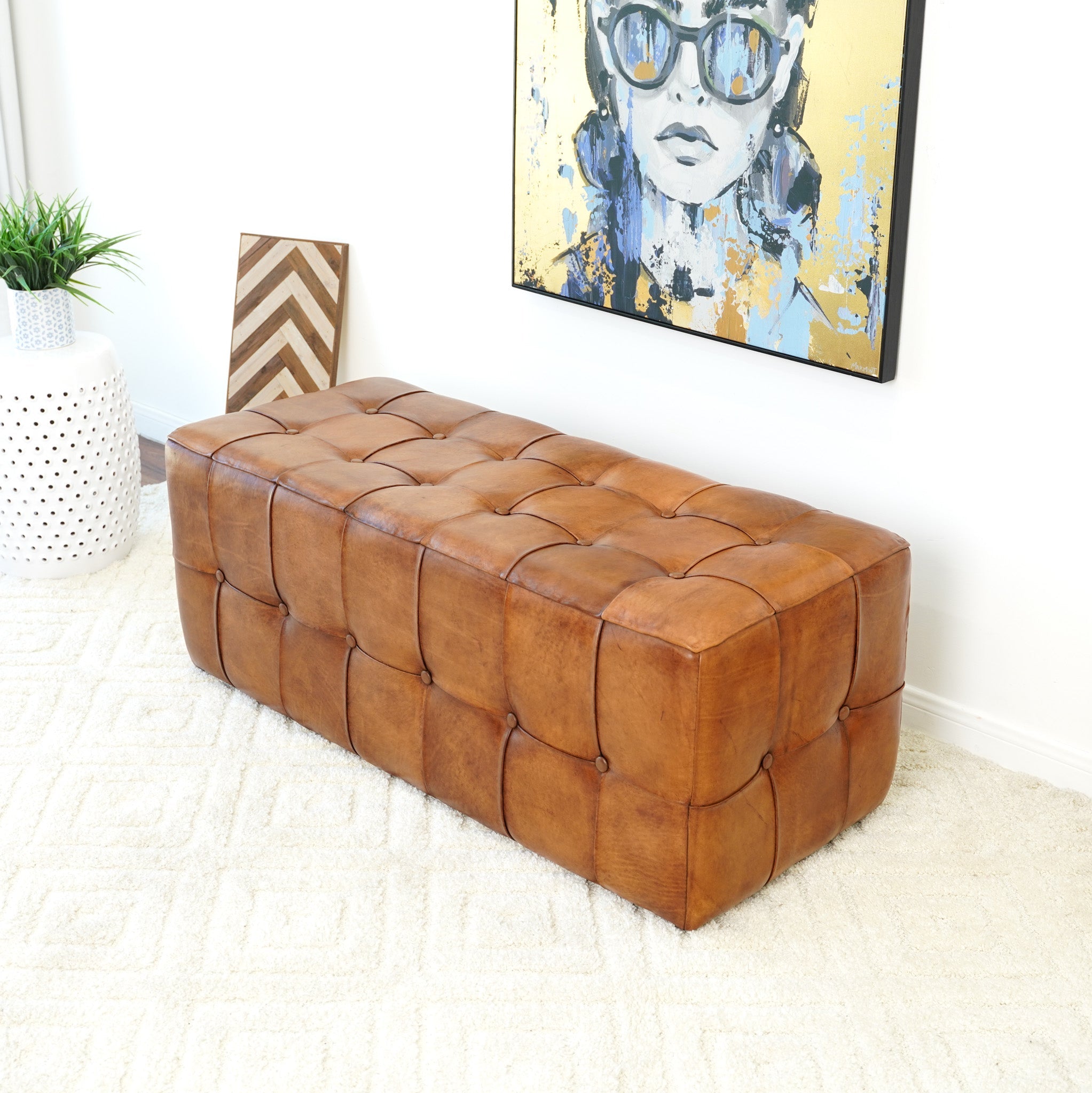 Benjiro Mid-Century Modern Tan Leather Tufted Ottoman - Pier 1